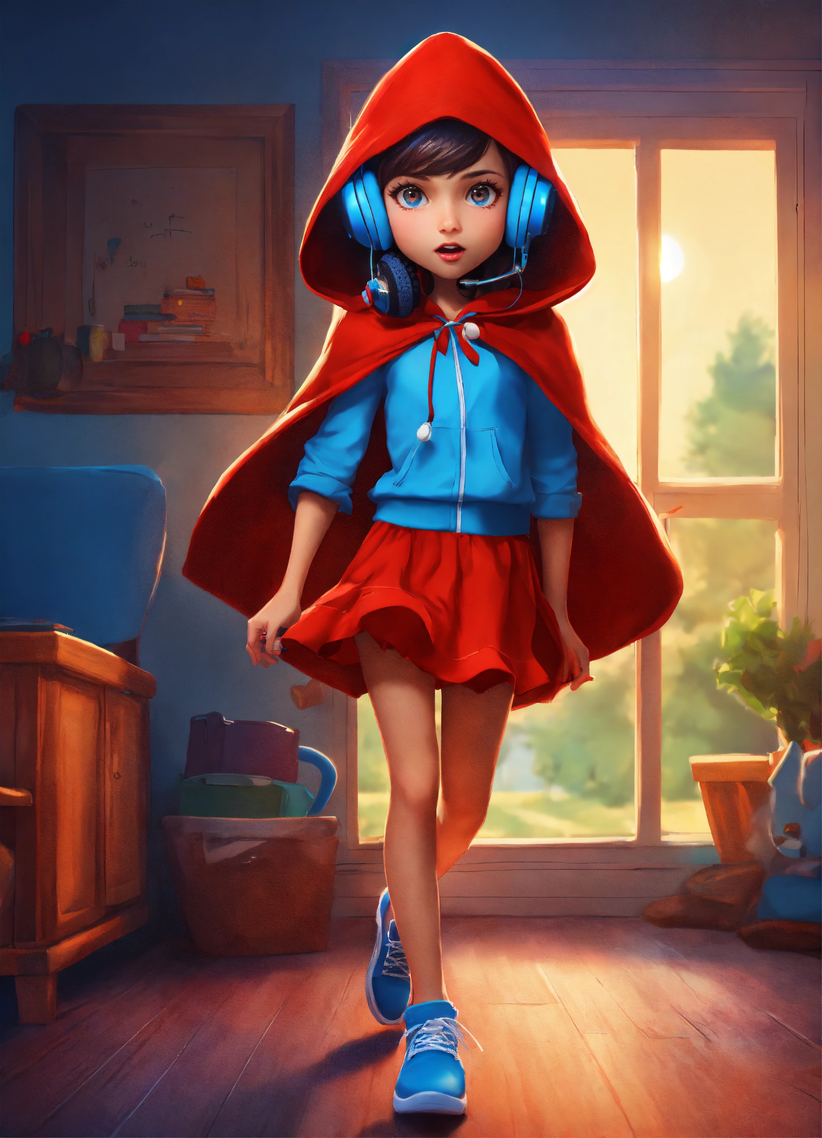 Lexica - Cartoons scared modern Red Riding Hood, wearing short blue ...