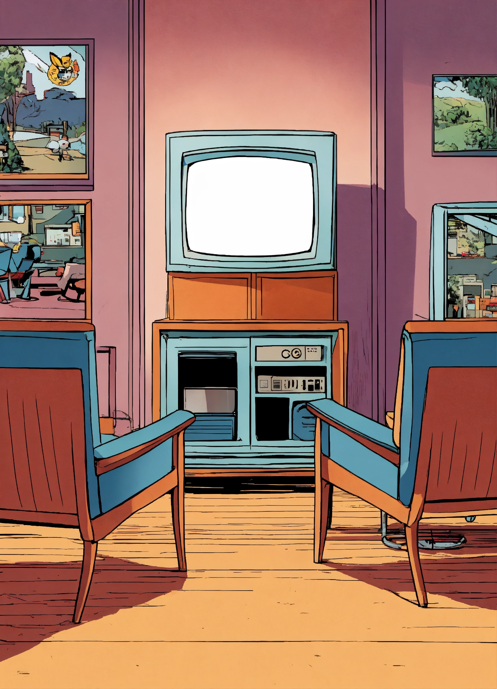 Lexica - Comic character, the chairs facing a tv