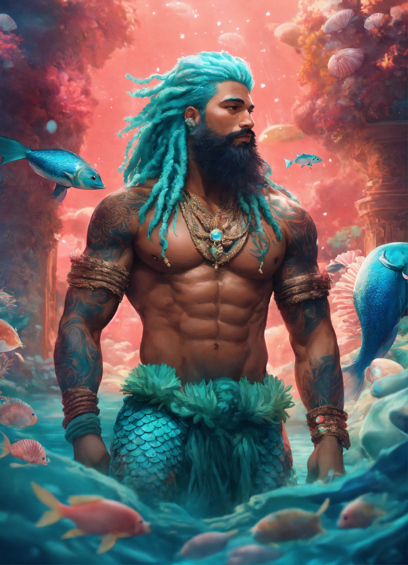 Lexica - A buff muscular Merman with scales Blue skintone with pink ...