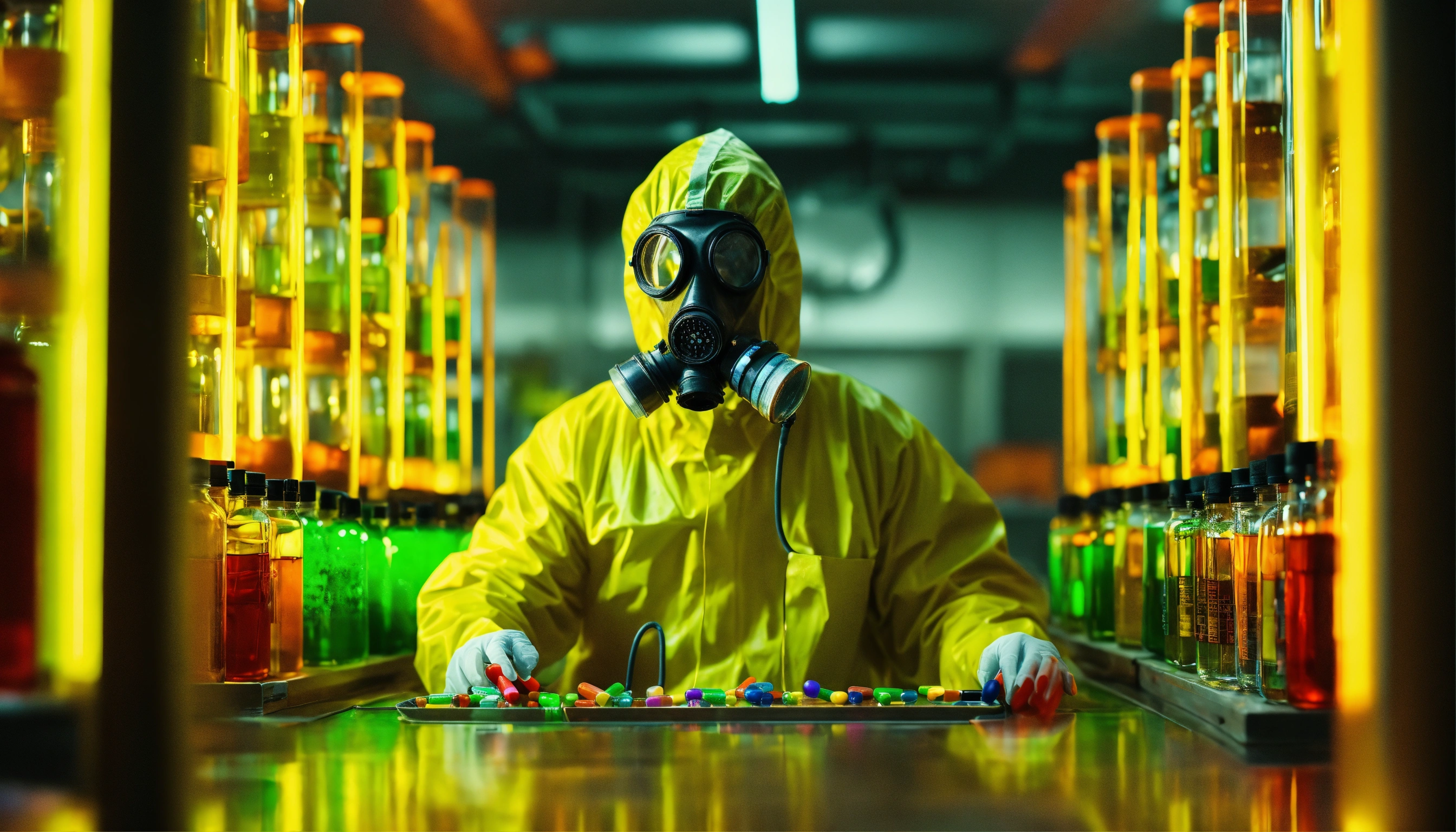 Lexica - Toxic. crazy man chemist wearing gas mask. working in a modern ...