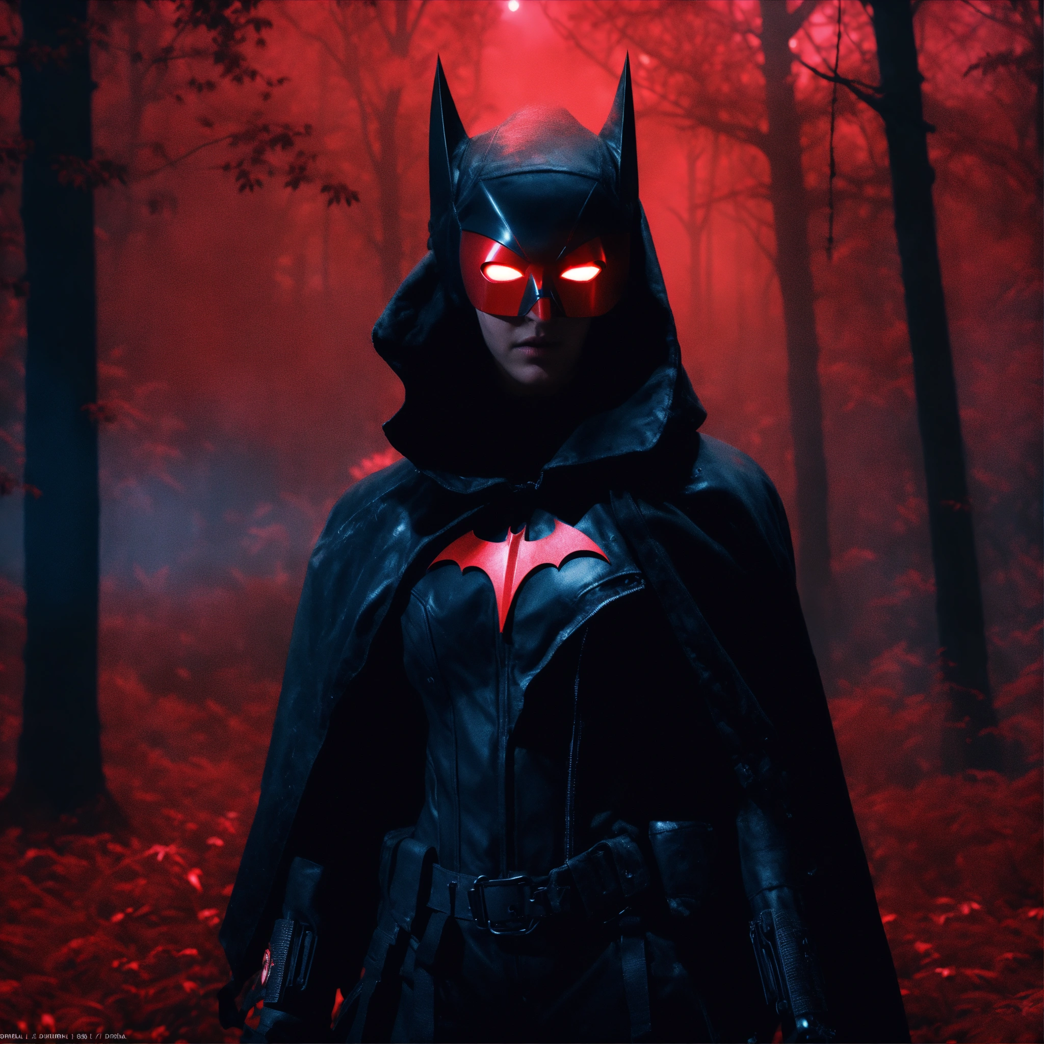 Lexica - Eerie girl in a hero-like red mask, (pitch black bat-like ...