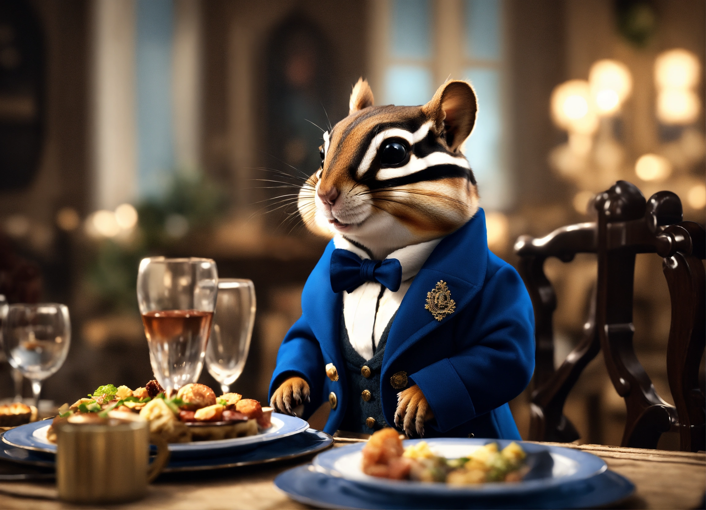Lexica - A chipmunk wearing a blue victorian coat at a dinner party ...