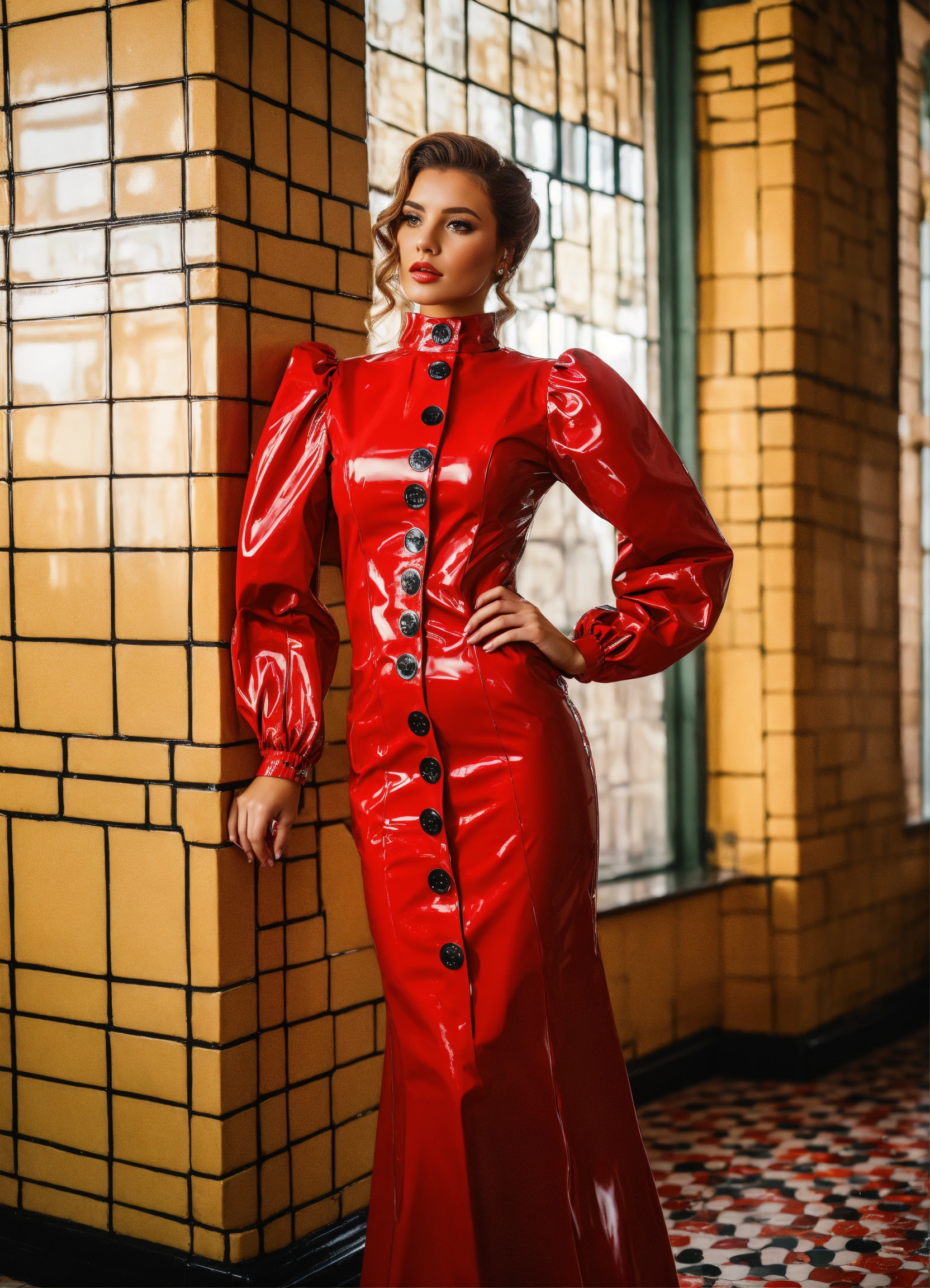 Lexica - Stunning european woman in red pvc governess dress wit buttons ...
