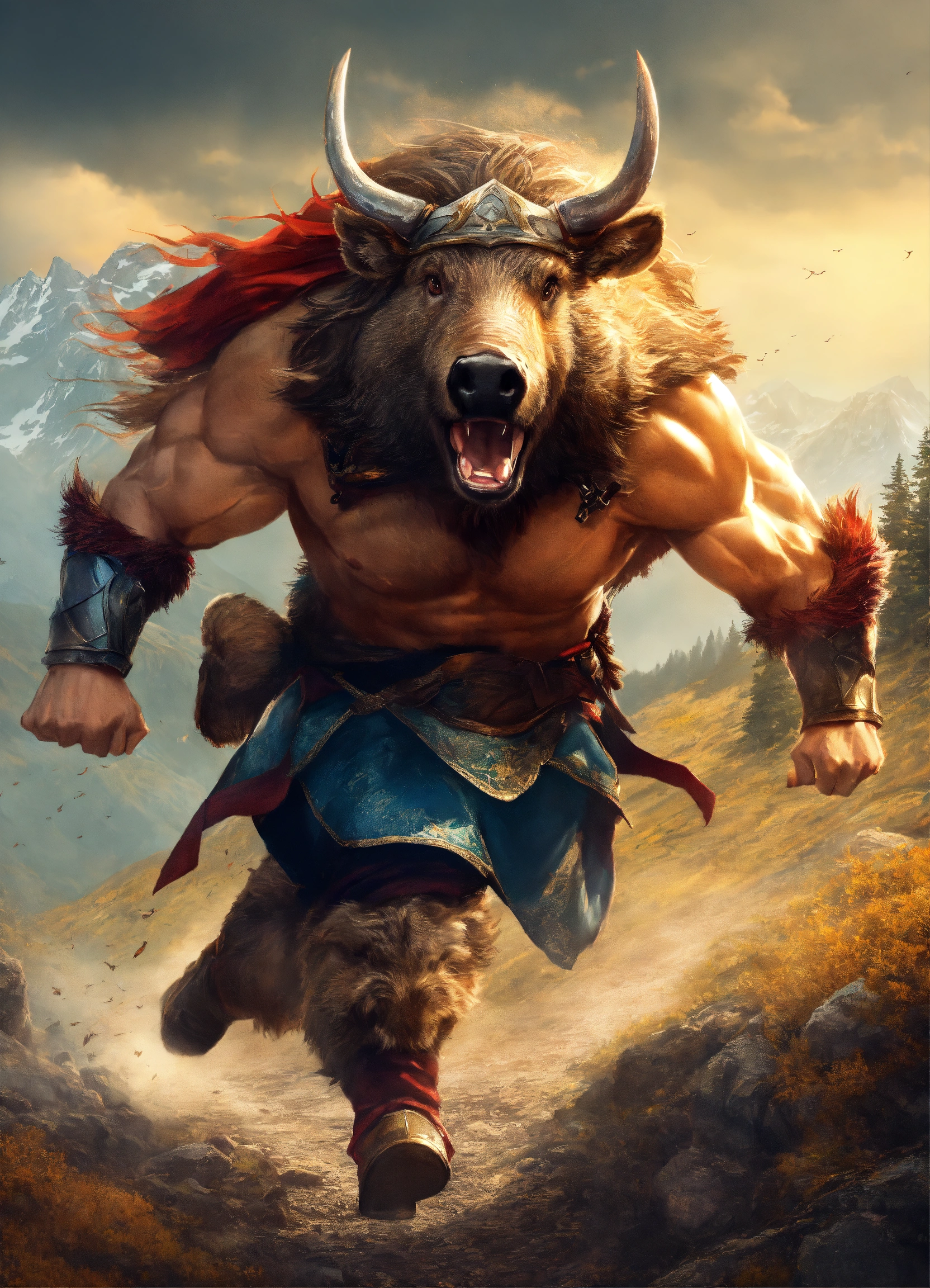 Lexica - Humoristic thor body mixed with wild boar head running in ...