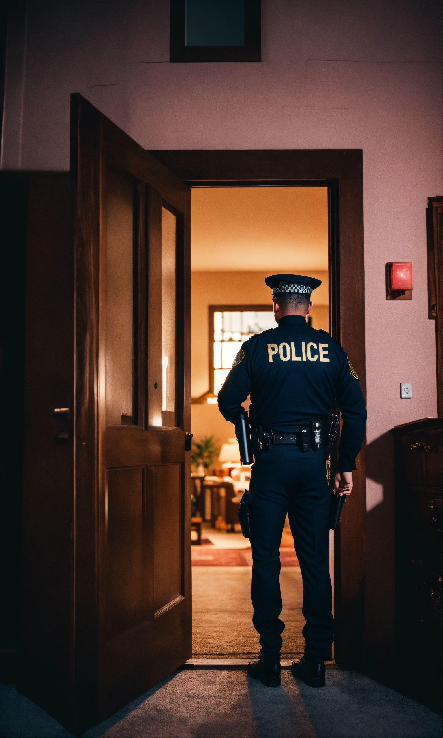 Lexica - A man standing at the door of his house, while police officers ...