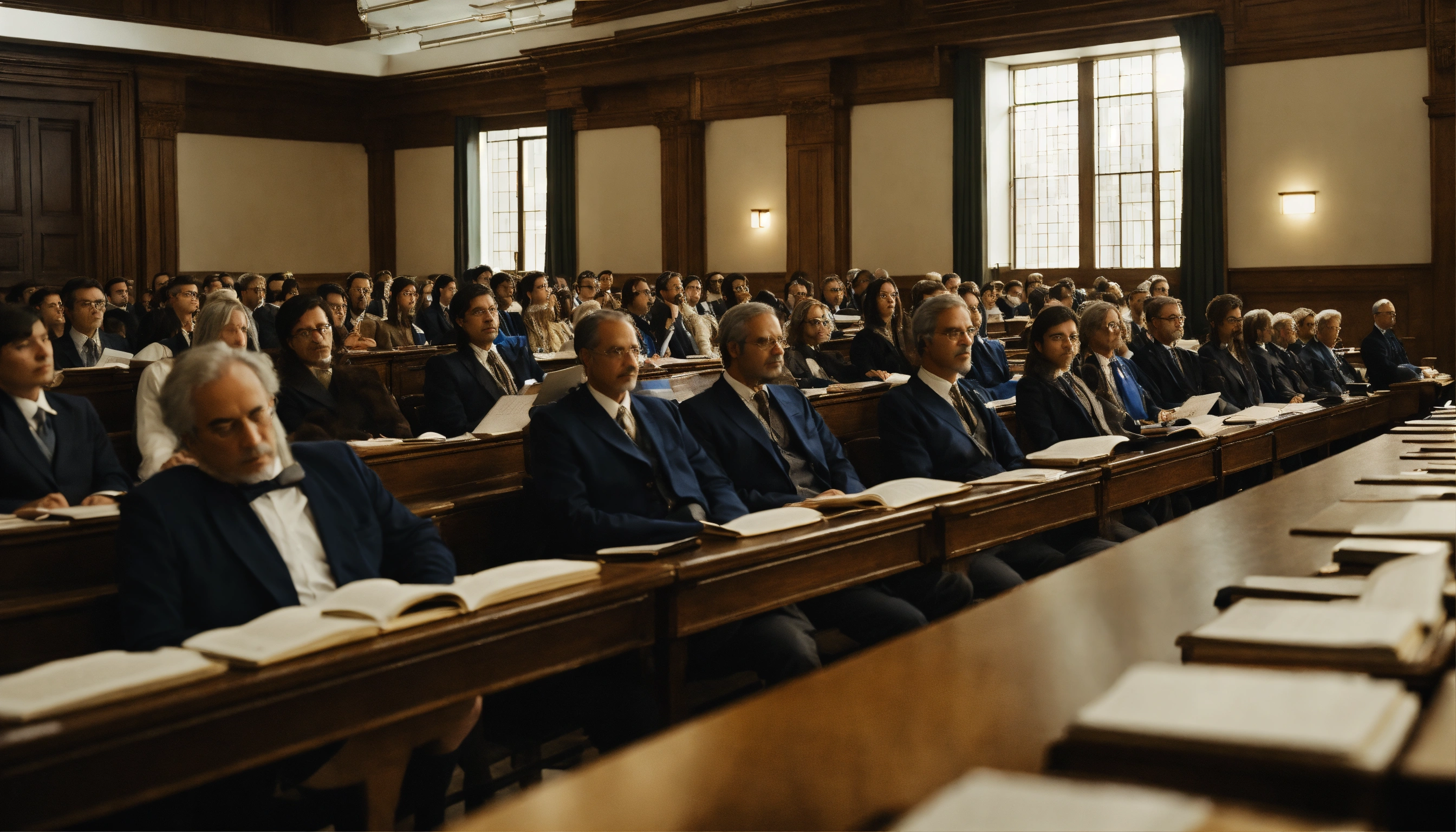 Lexica - High nobles in endless dresses and suits sit in a lecture hall ...