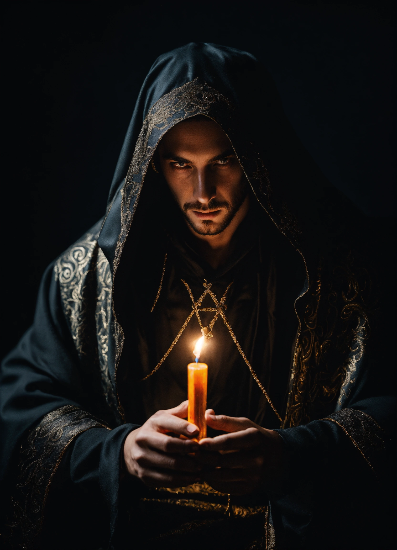 Lexica - French young evil wizard in robes, creating black magic, dark ...