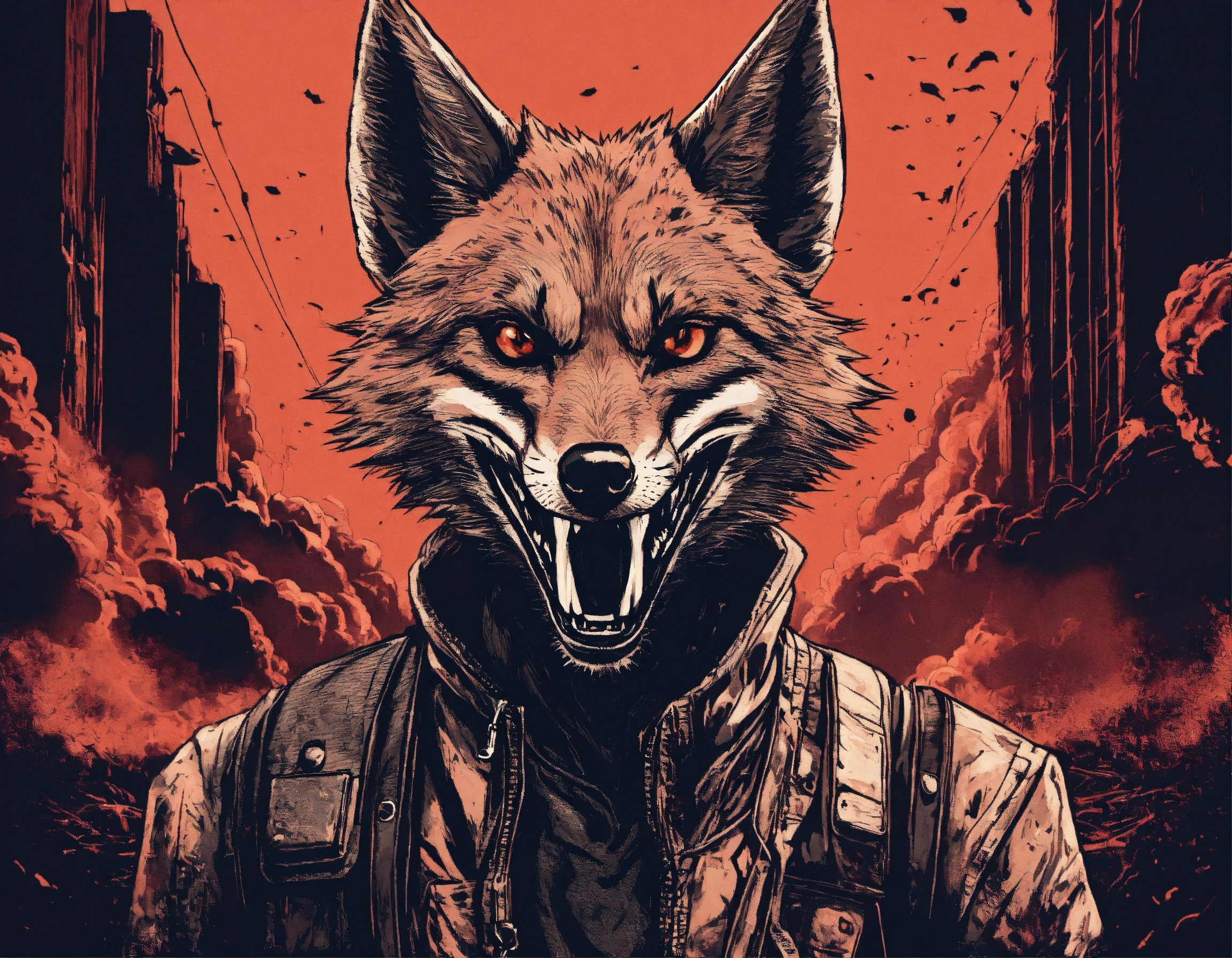 Lexica - One crazed slavering grinning evil jackal faces the camera ...