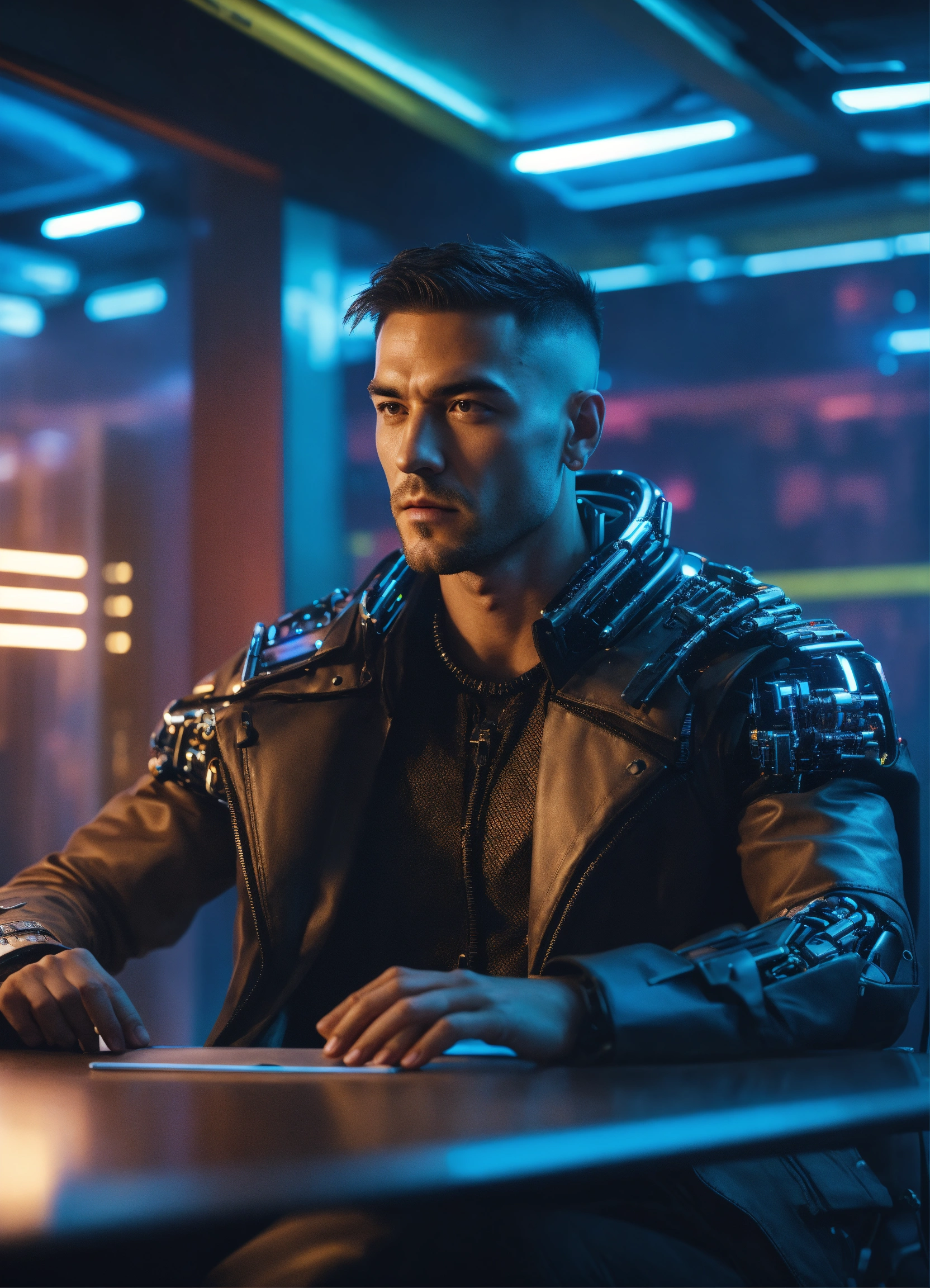 Lexica - Portrait of cybernetic brutal man, futuristic meeting room ...