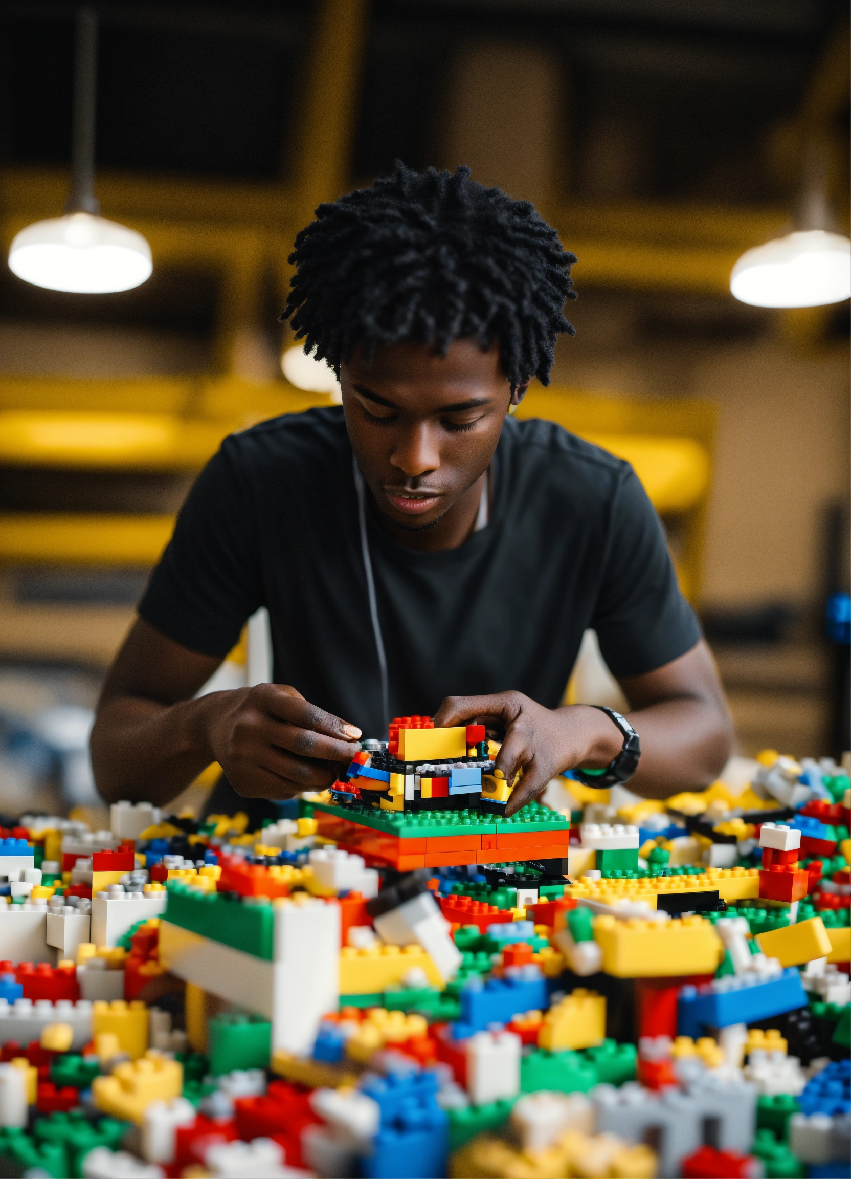 Lexica - A black techy young guy trying to fit a small lego in a bigger ...