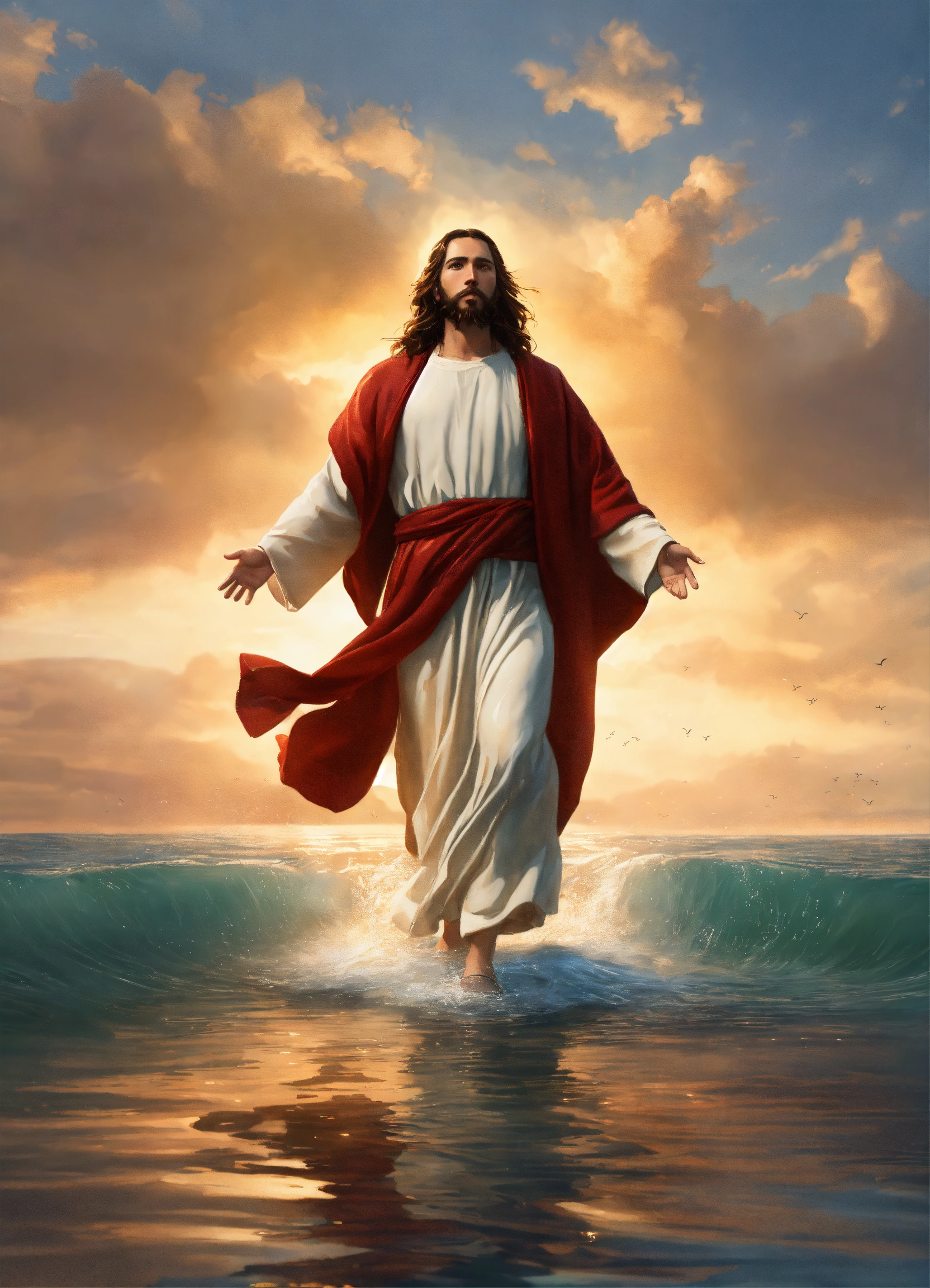 Lexica - Painting of jesus christ walking on water, realistic, highly ...