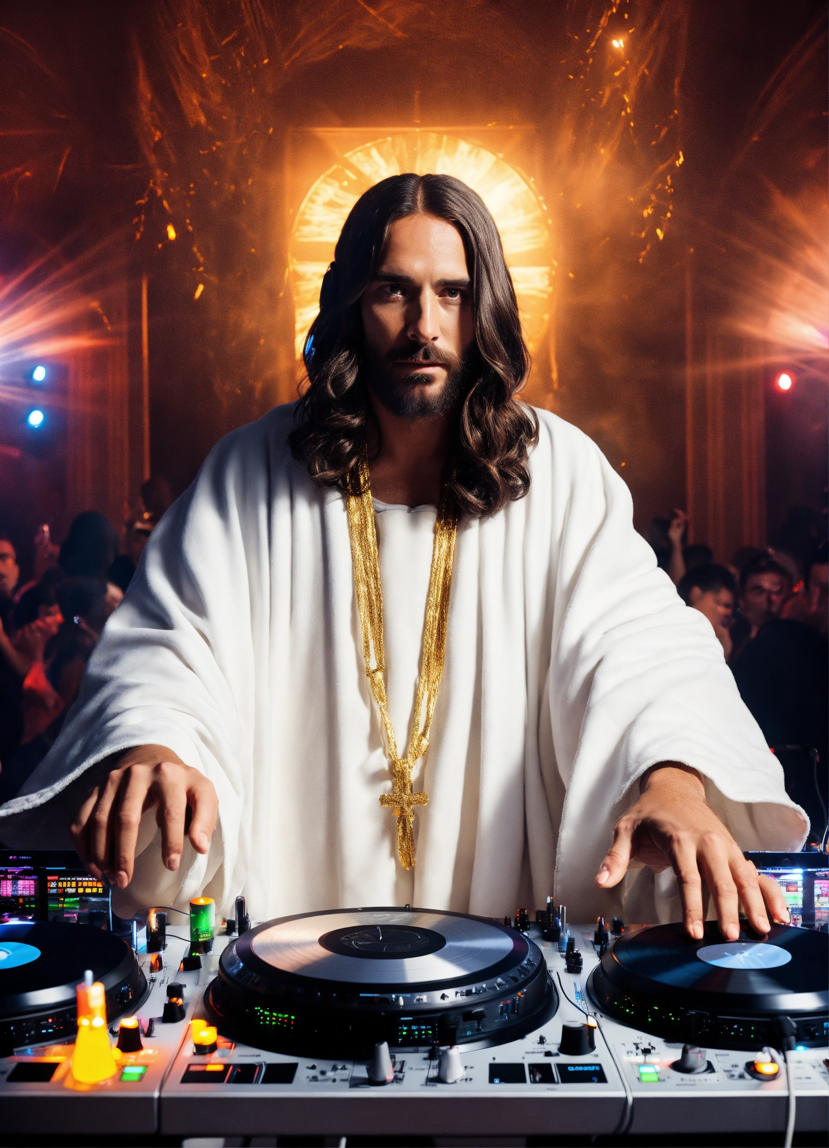 Lexica - Jesus christ with white robe celebrating Halloween in a club ...