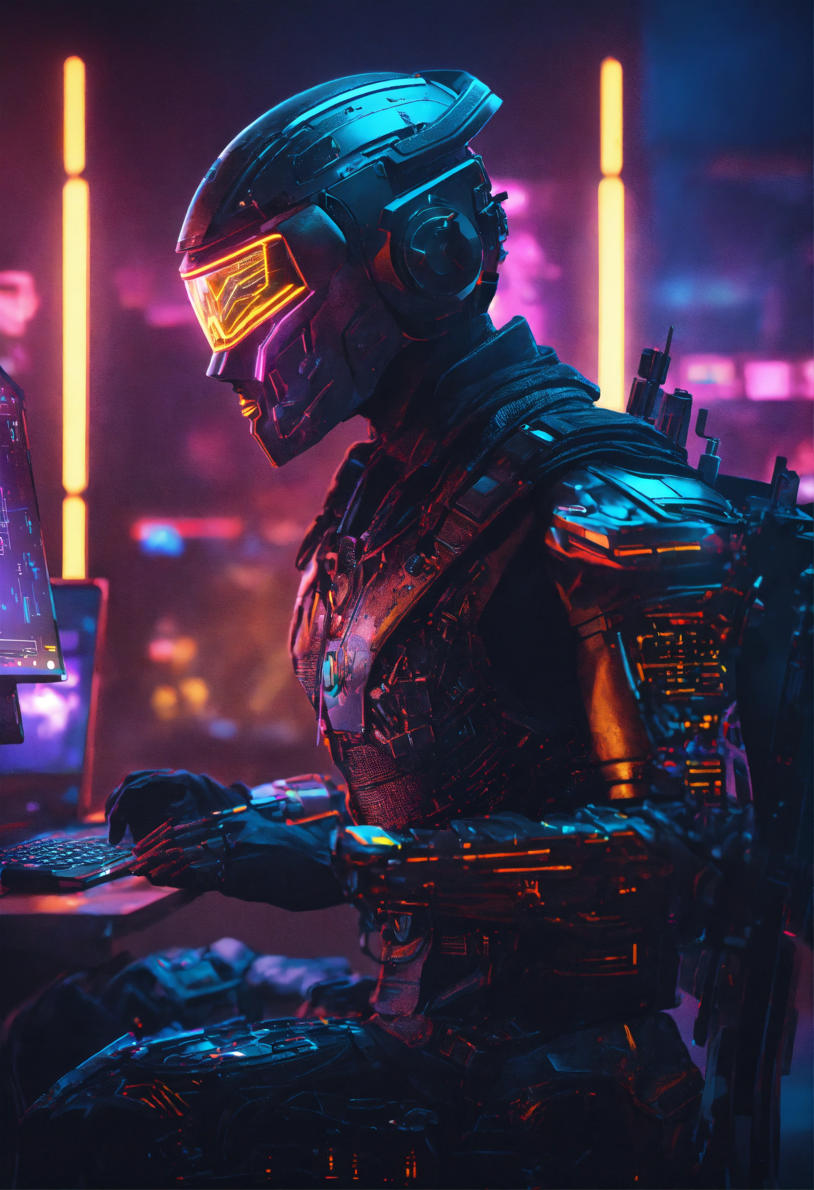 Lexica - A Futuristic cyberpunk masked, half robot warrior using a ...