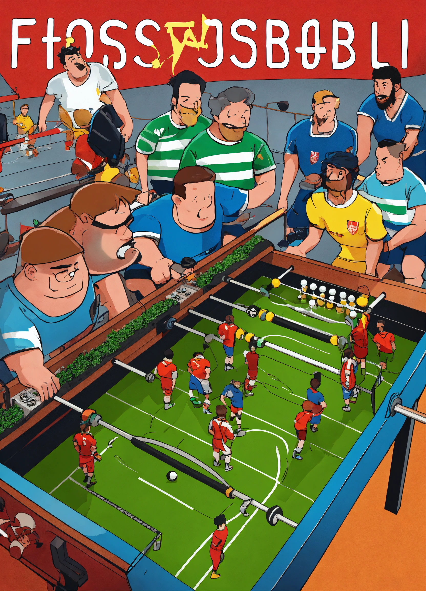 Lexica - Cartoon showing two teams of foosball players in action, one ...