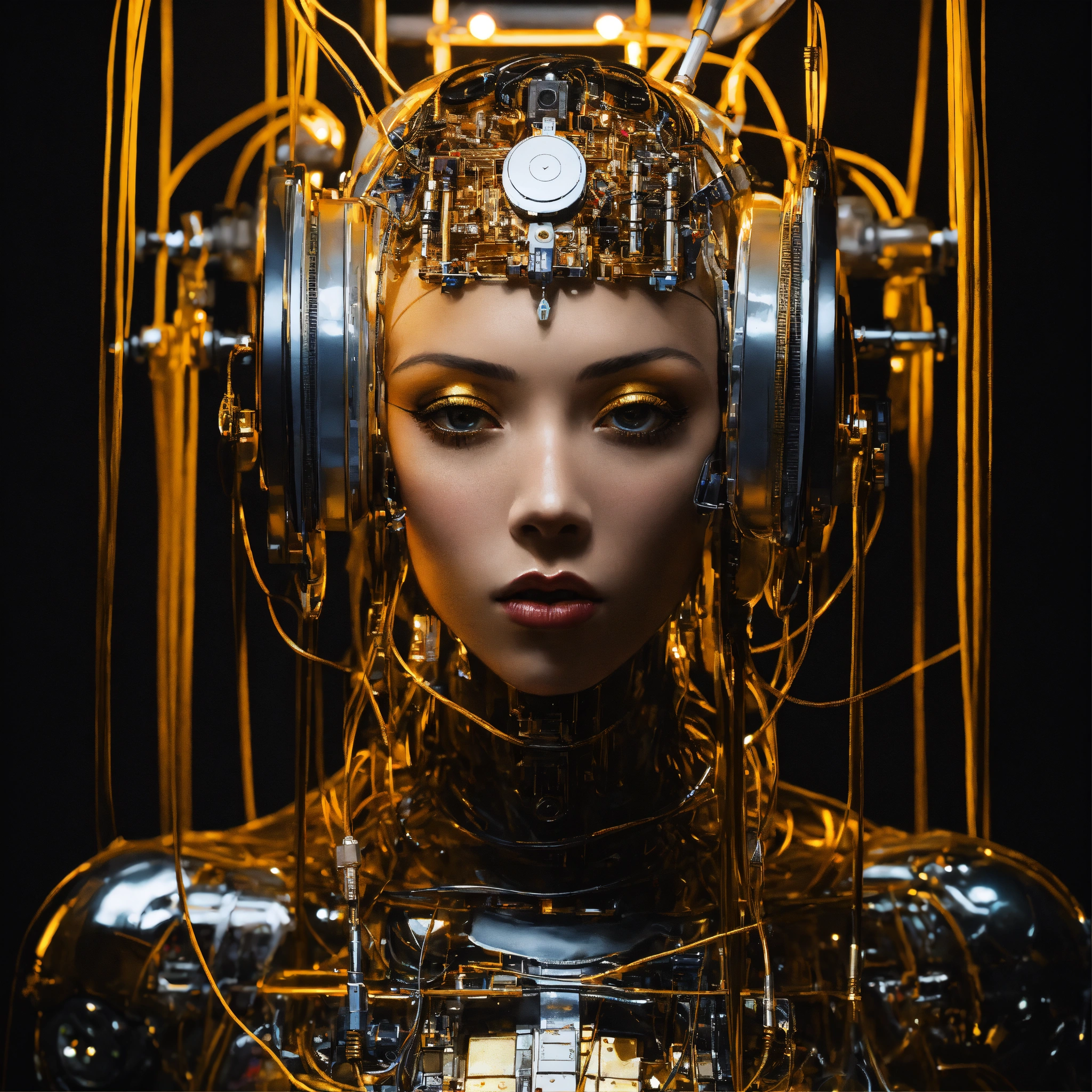Lexica - Portrait Photography, in front of a black wall, a cyborg woman ...