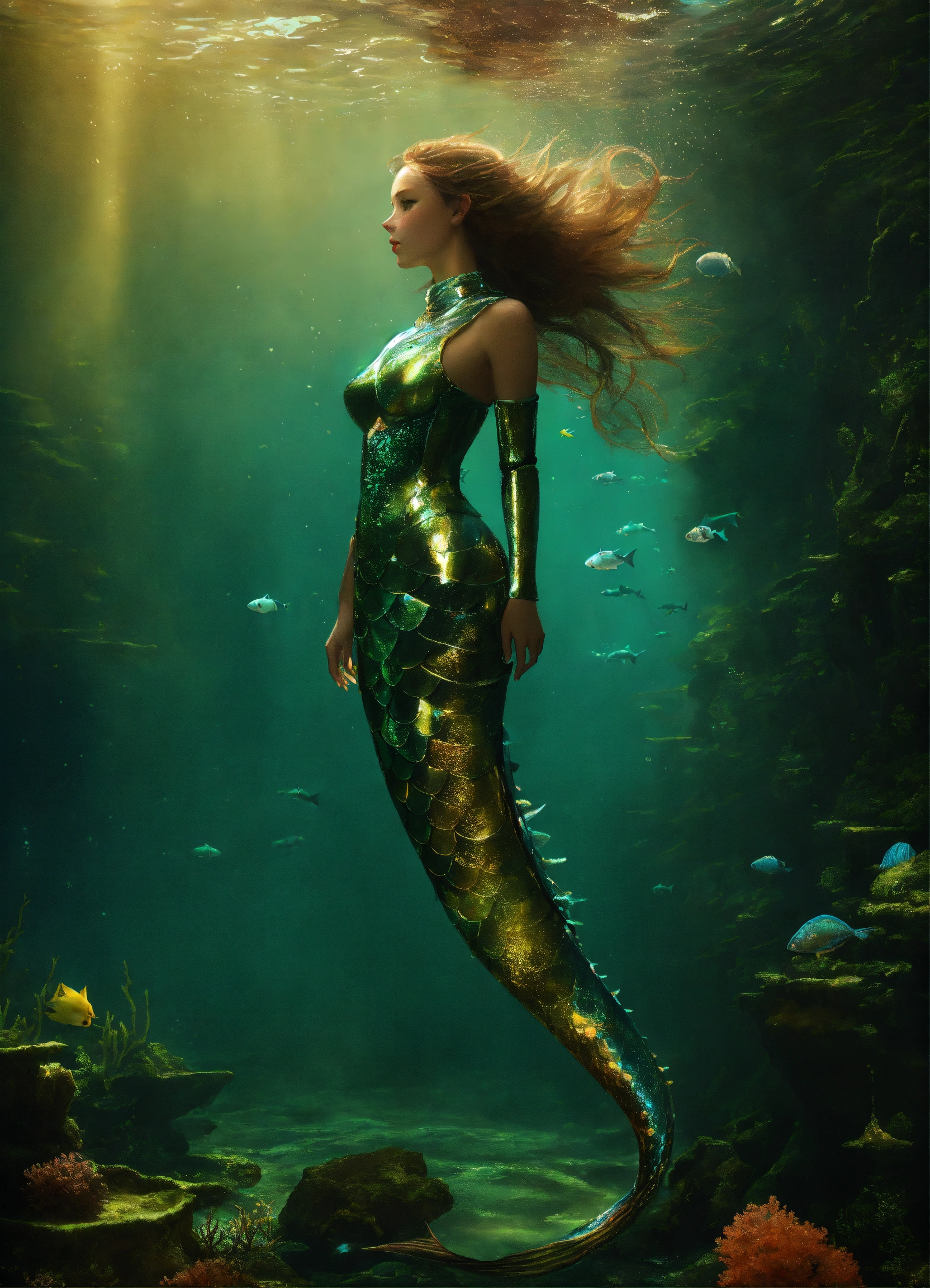 Lexica - A robot mermaid in the bottom of the sea, dark light , whit a ...