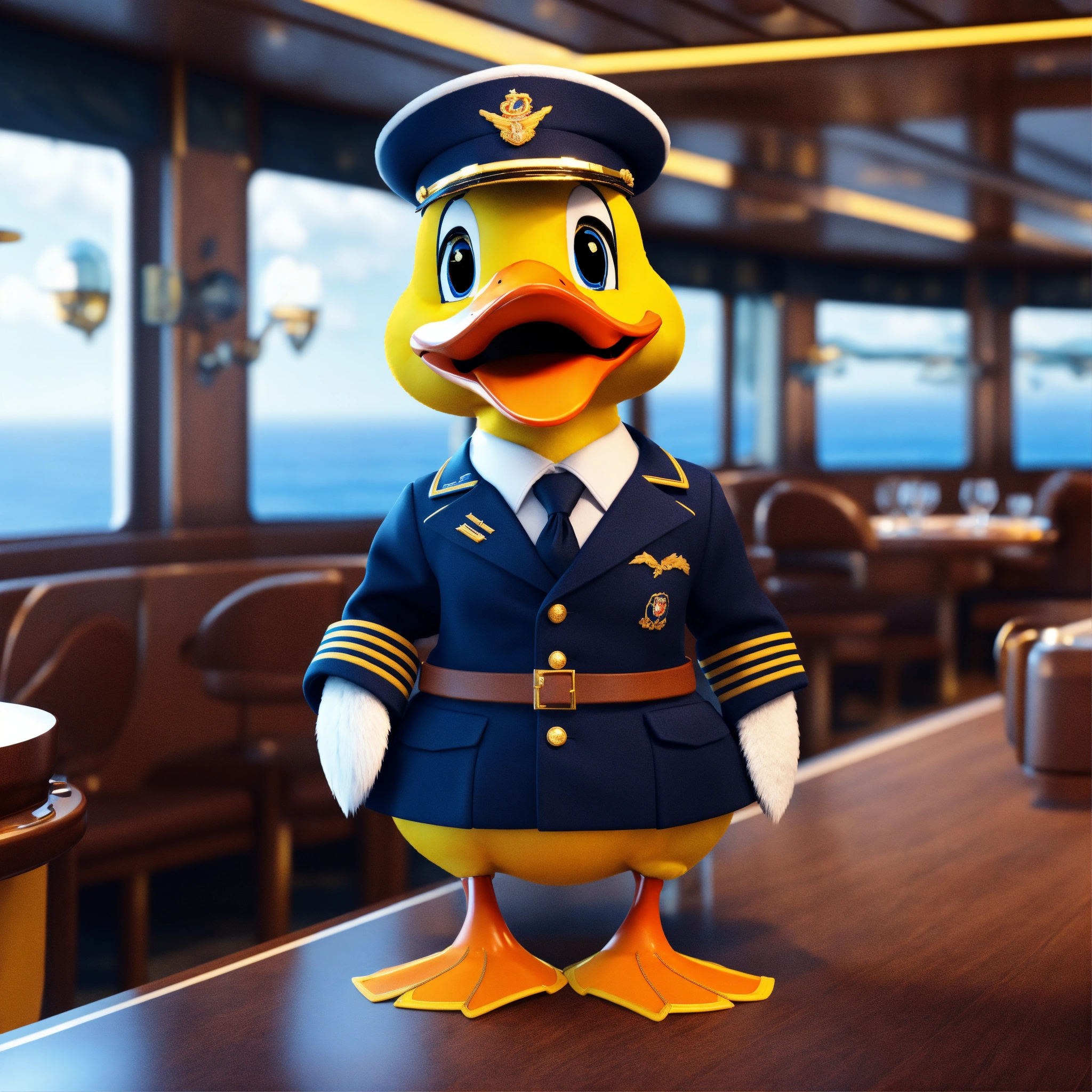 Lexica - A cute duck wearing a captains uniform, on a cruise ship ...