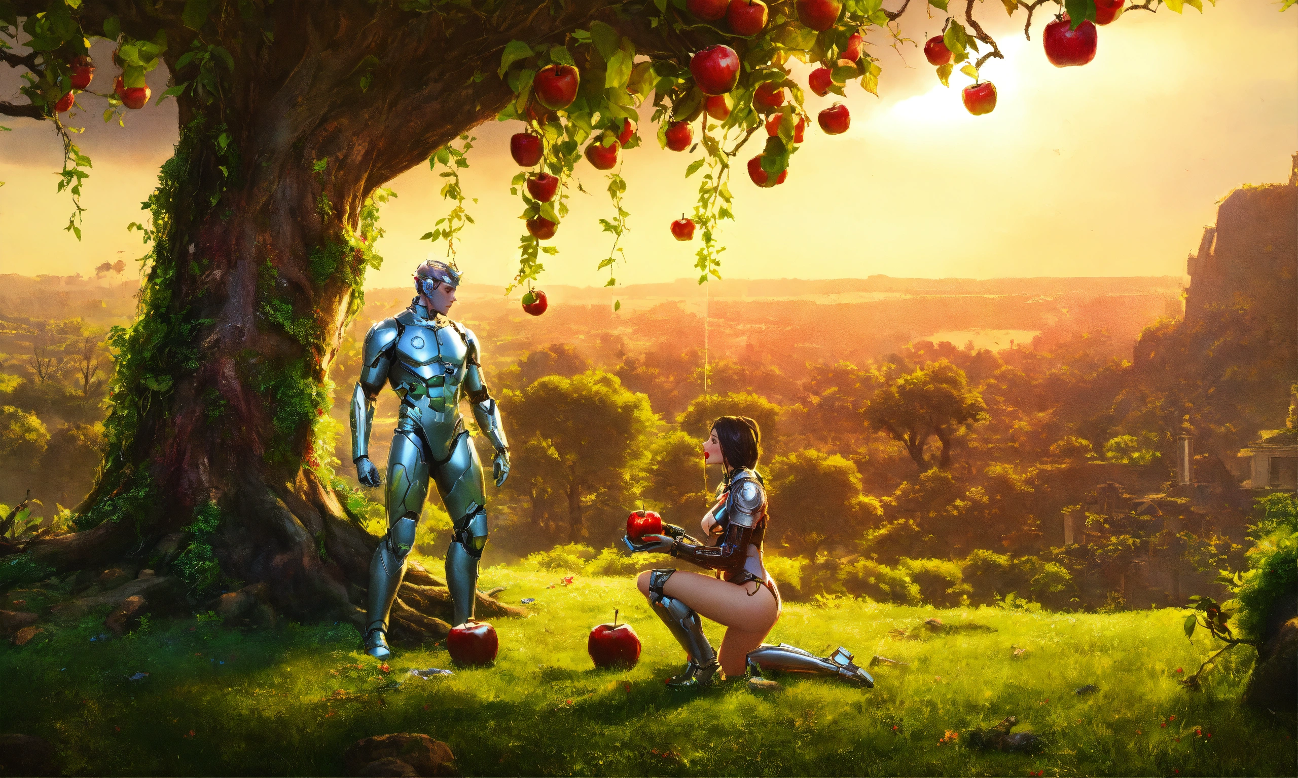 Lexica - Cyborg adam and cyborg Eve eating a apple standing under a ...