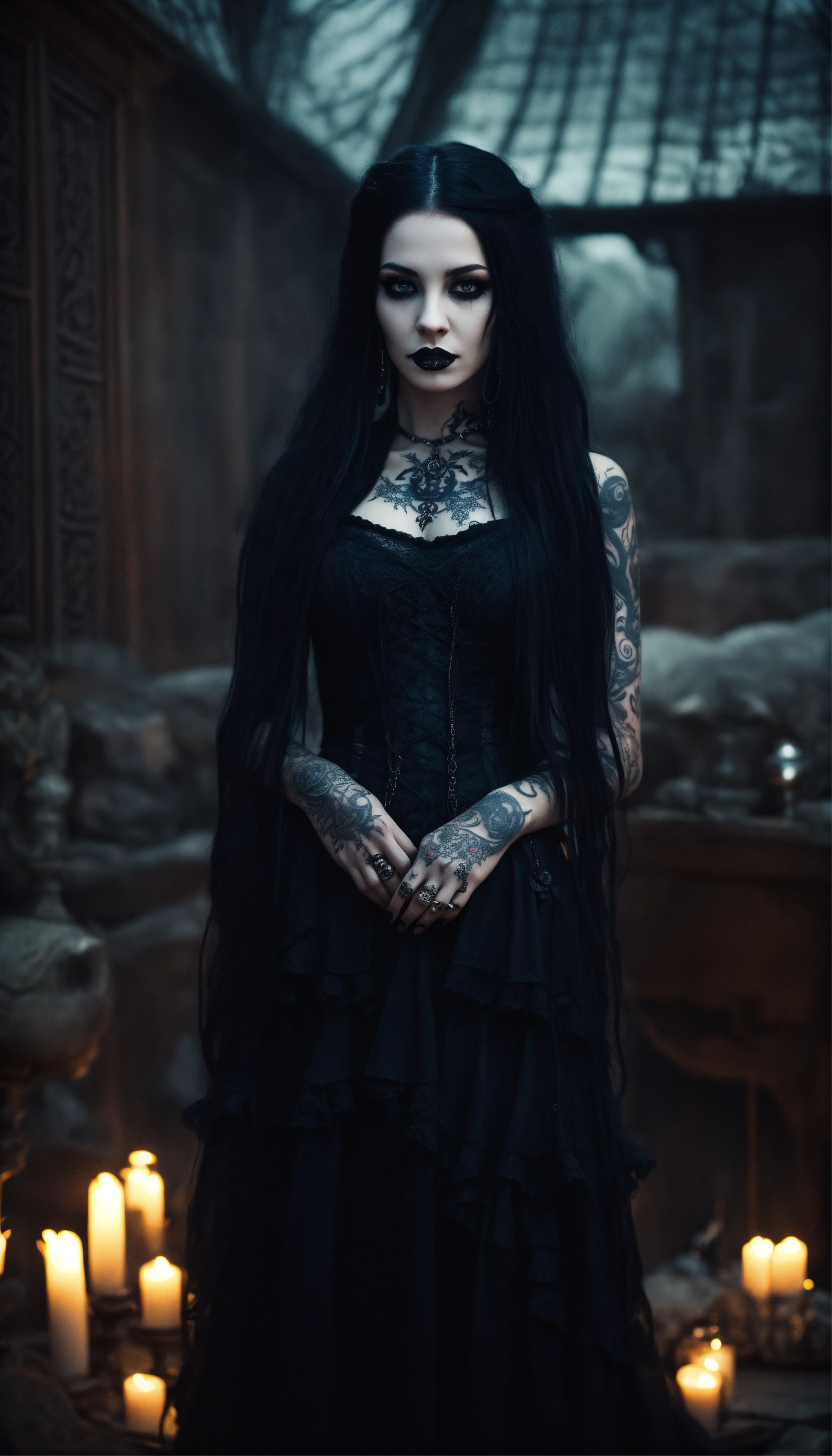 Lexica - A scary girl, full body, pale skin, long crazy black hair ...