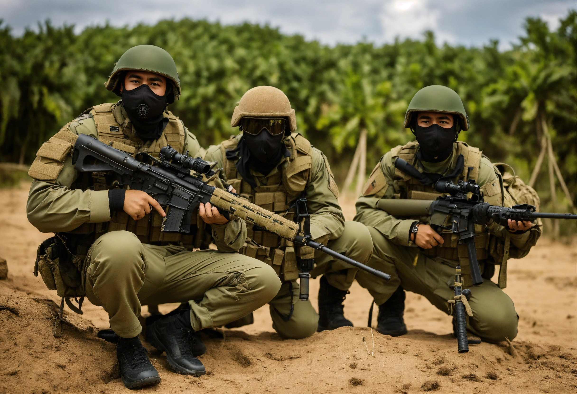 Lexica - 3 comando guys, wearing masks, siting,