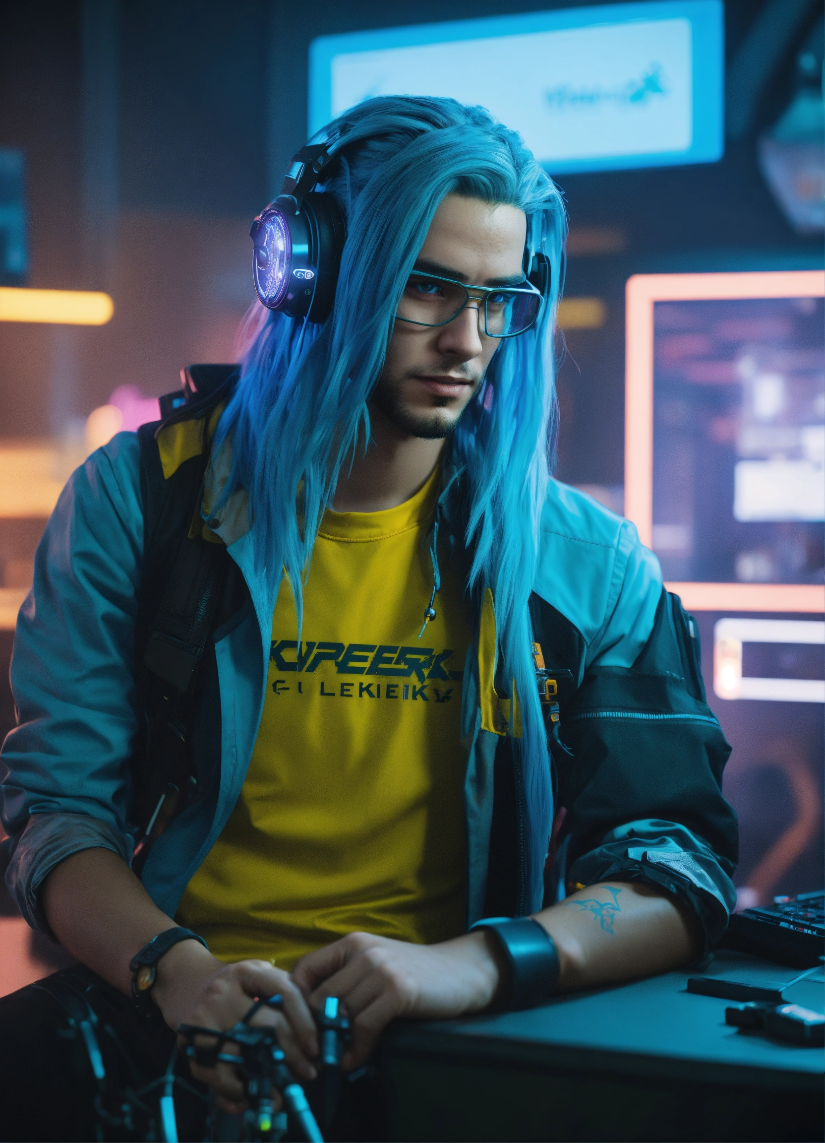 Lexica - Male Cyberpunk college student lab tech, with long blue hair, attractive but not that ...