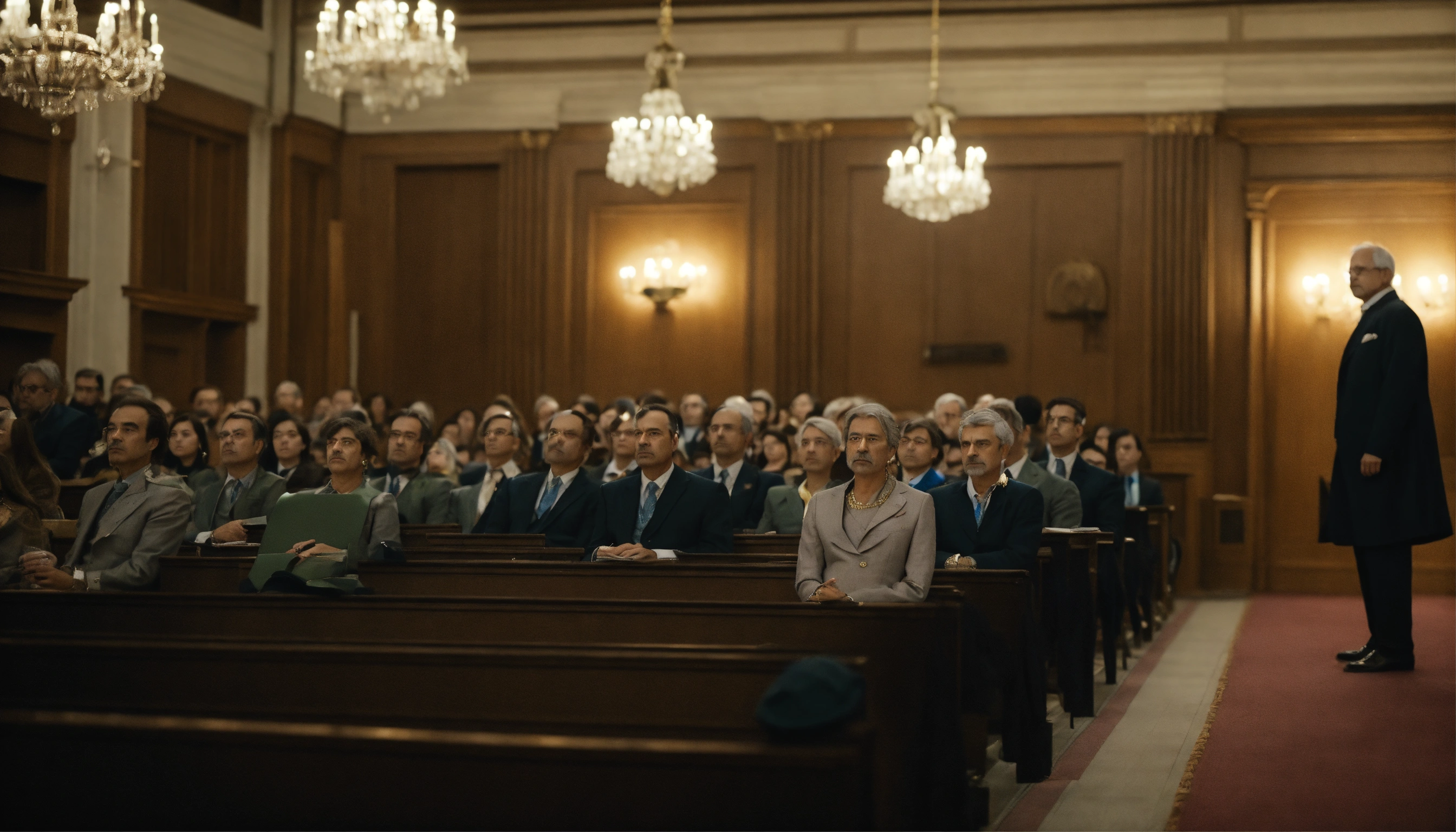Lexica - High nobles in endless dresses and suits sit in a lecture hall ...