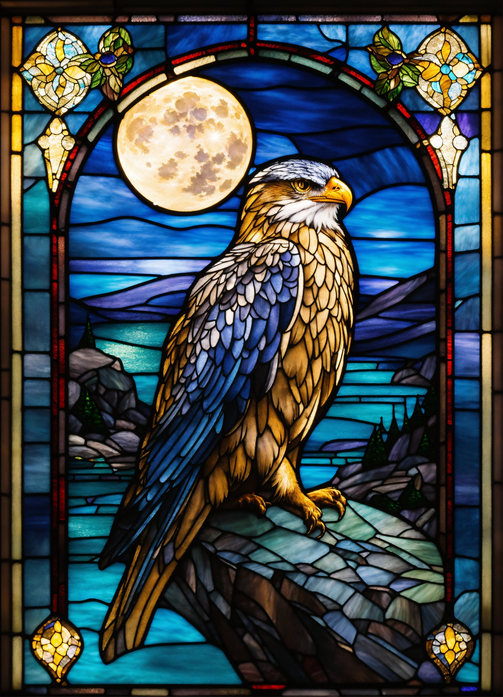 Lexica - Stained glass window of Merlin in the moonlight, sitting on a ...