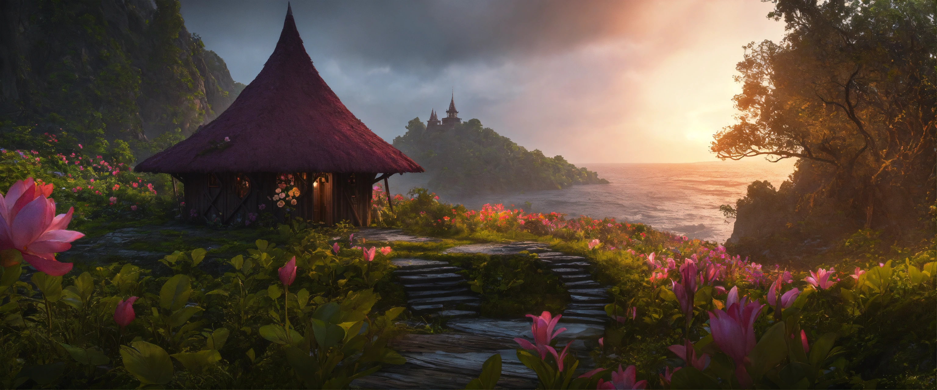 Lexica - Raw photo, a elven style hut on a clifftop high above a gloomy ...