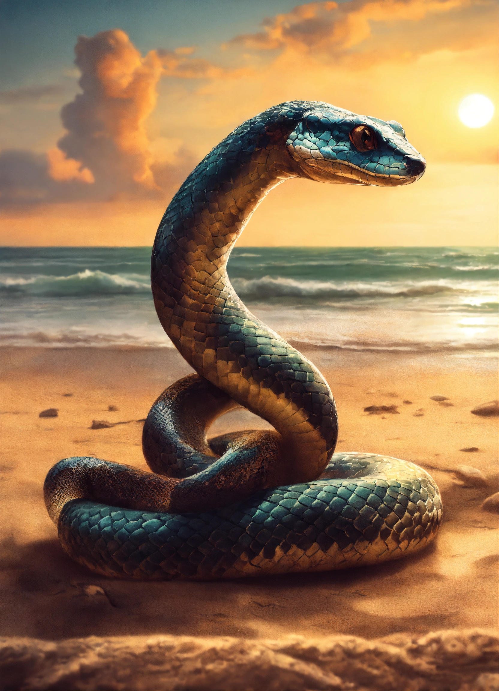 Lexica - Sly snake doing yoga at the beach, Charcoal sketch, 8k, cinematic