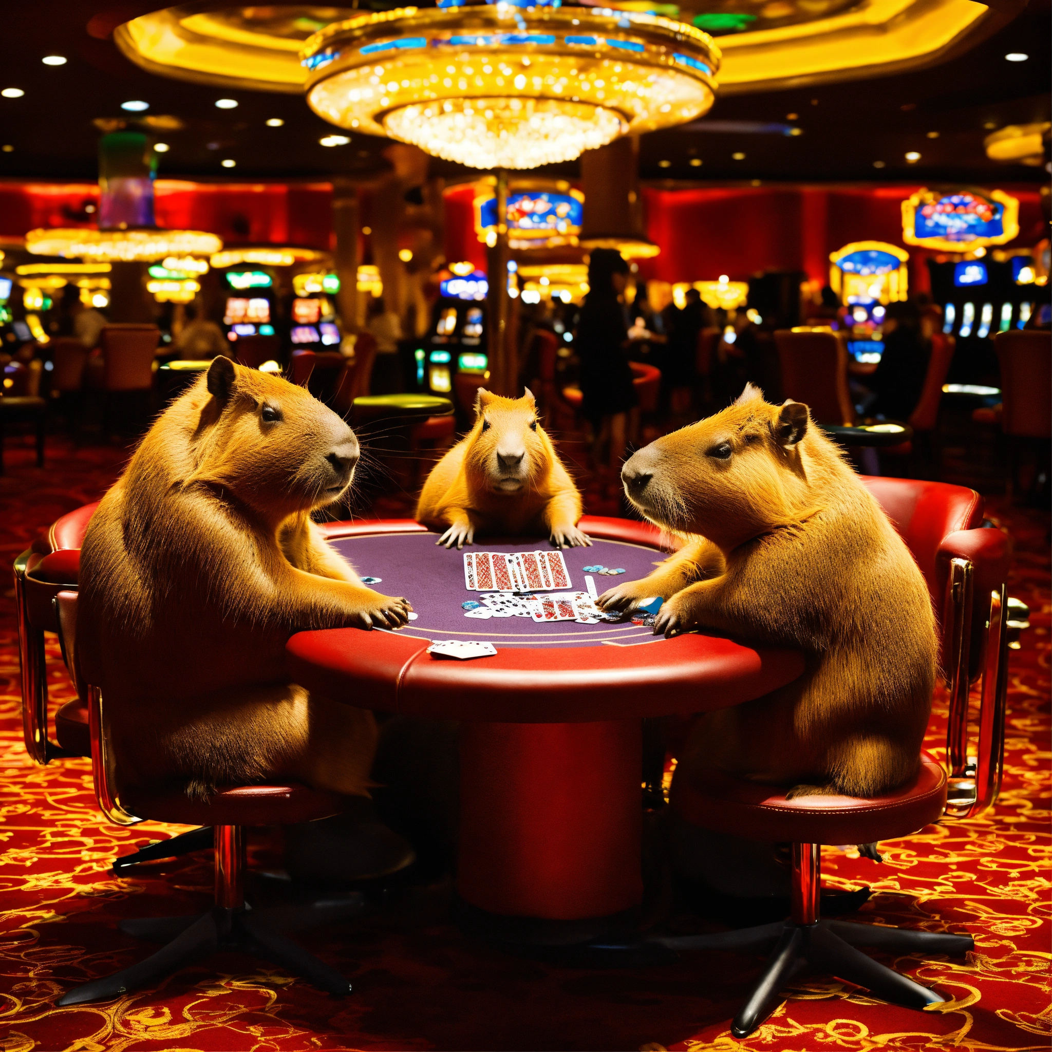 Lexica - Photo of a group of capybaras playing cards in a casino in Las ...