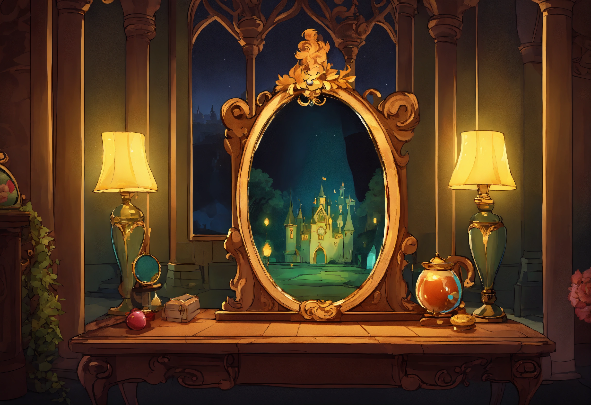 Lexica - Cartoon fairy taie style image mirror on table in dark castle room