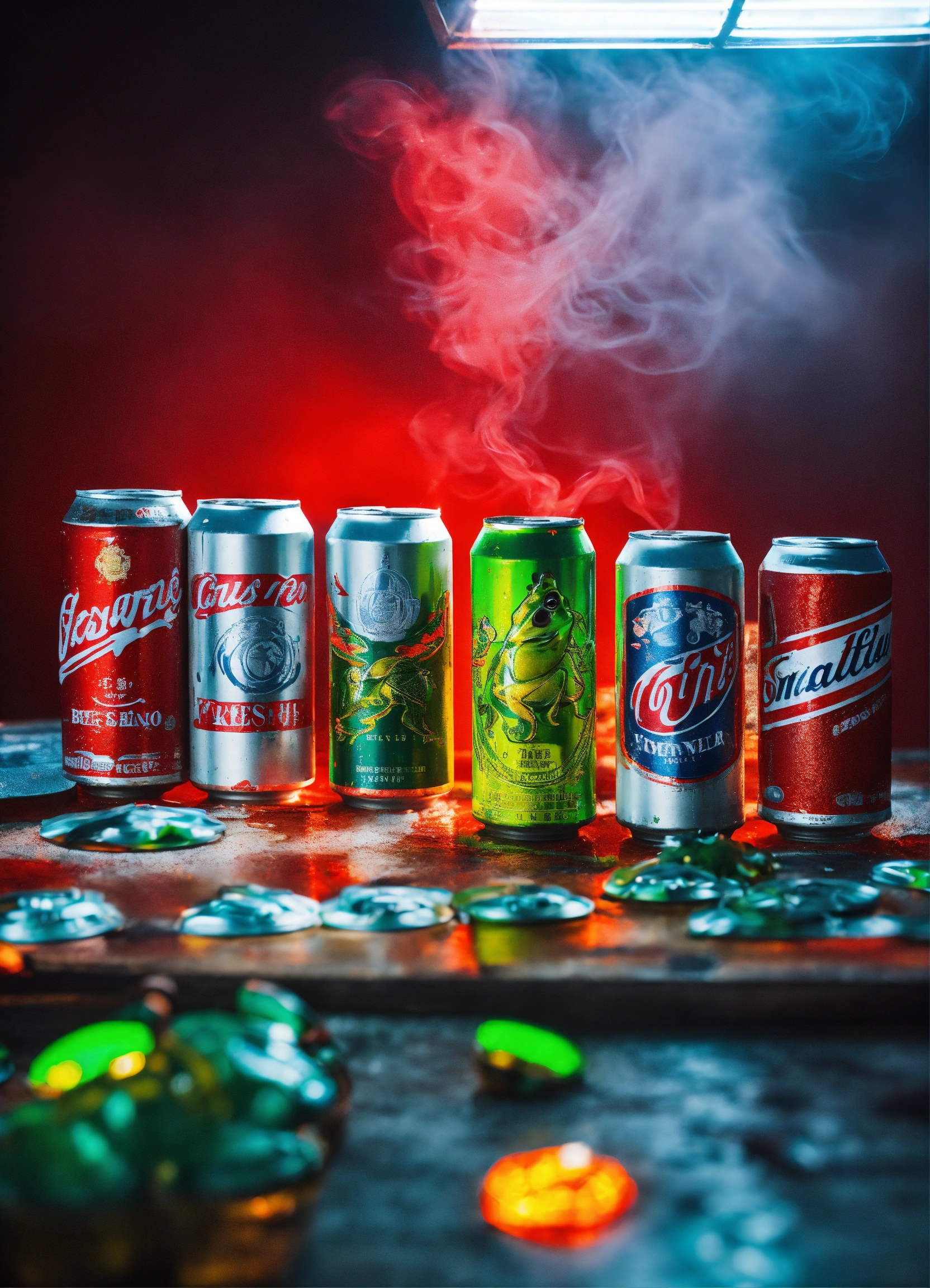Lexica - Game board. 6 beer cans, 2 silver texture frogs in the center ...