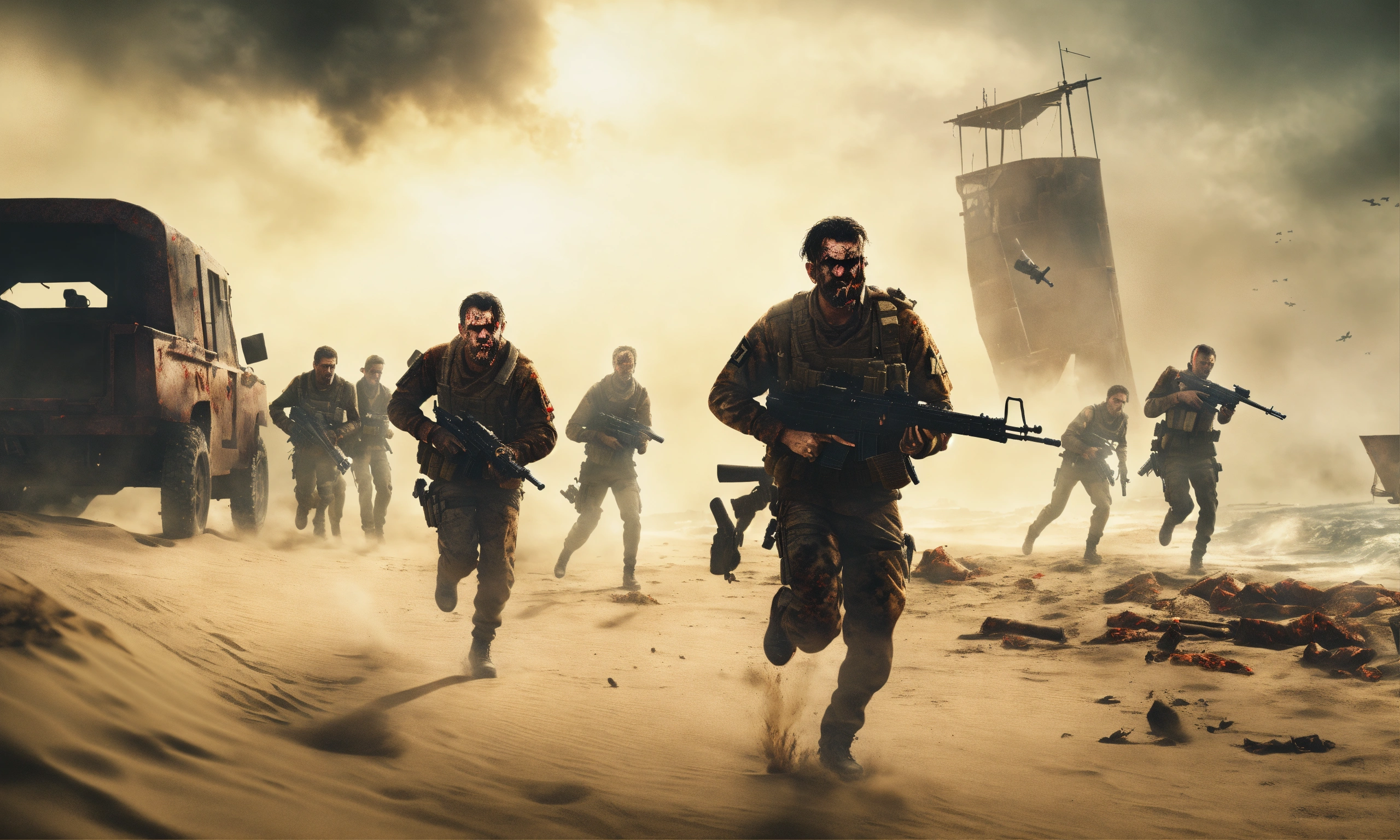 Lexica - Call of duty zombies running at camera on sand, cinematic 4k