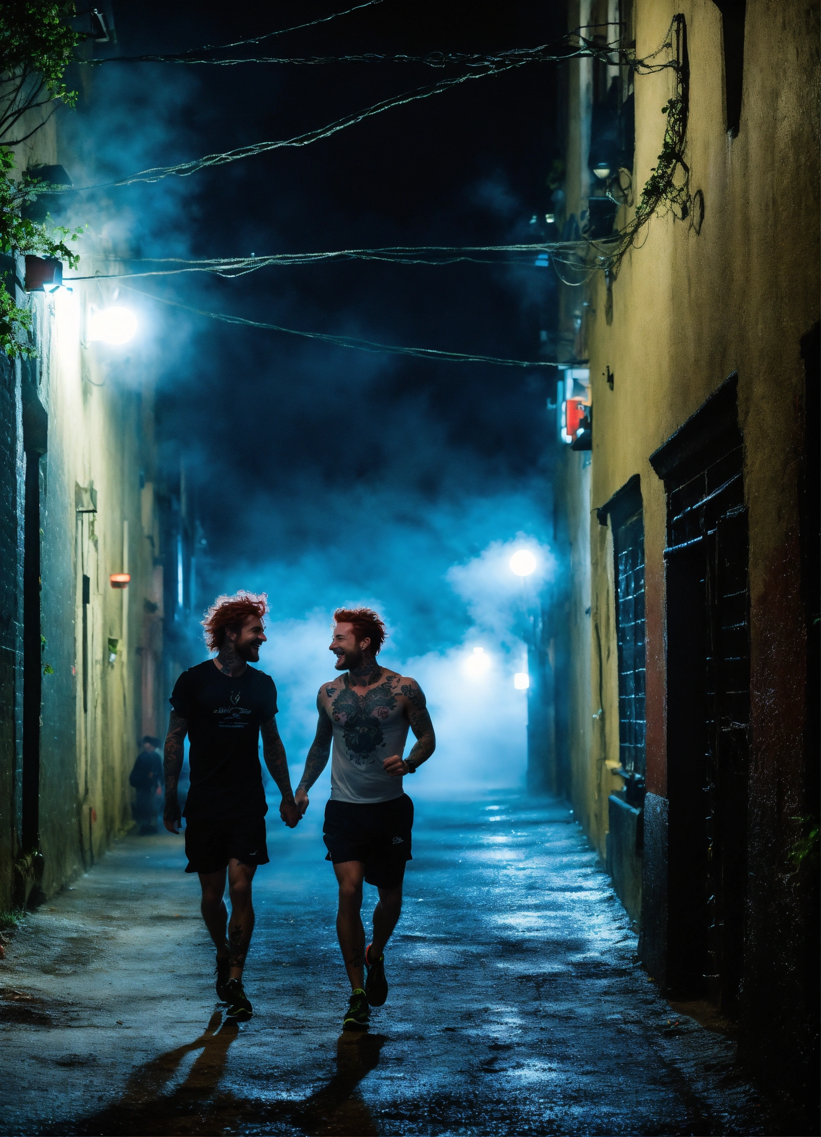 Lexica - Two male long distance runners are kissing in a dark alley ...