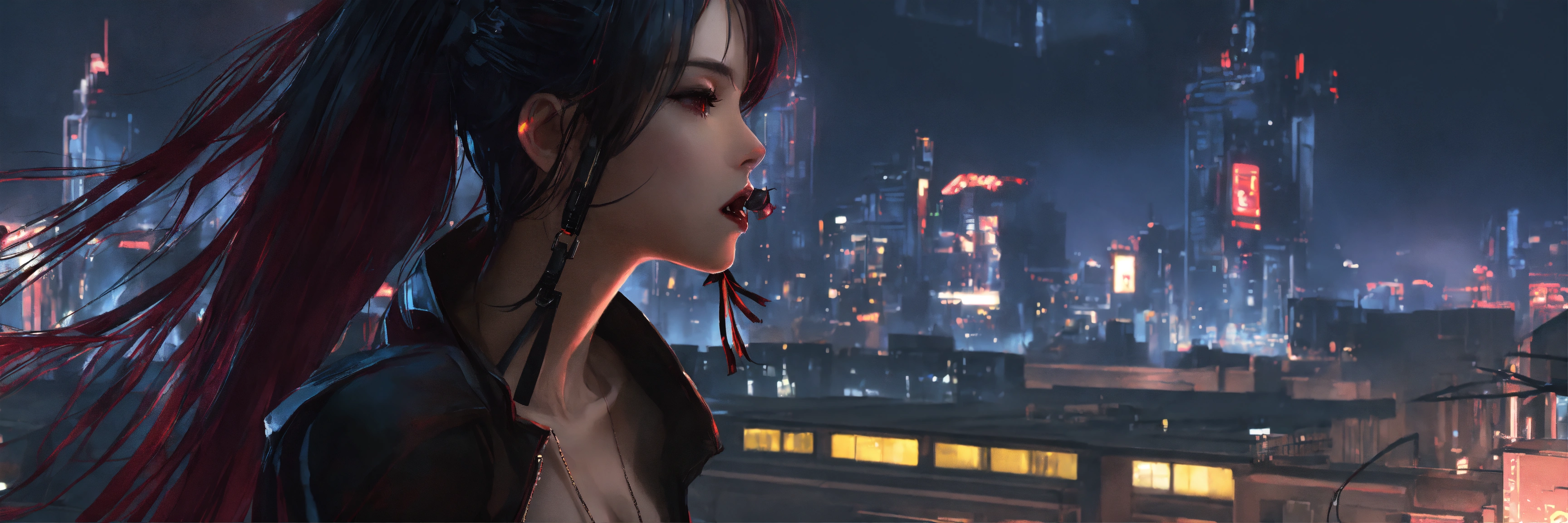 Lexica - Long shot, vampire girl, long hair blowing in wind, rooftop ...