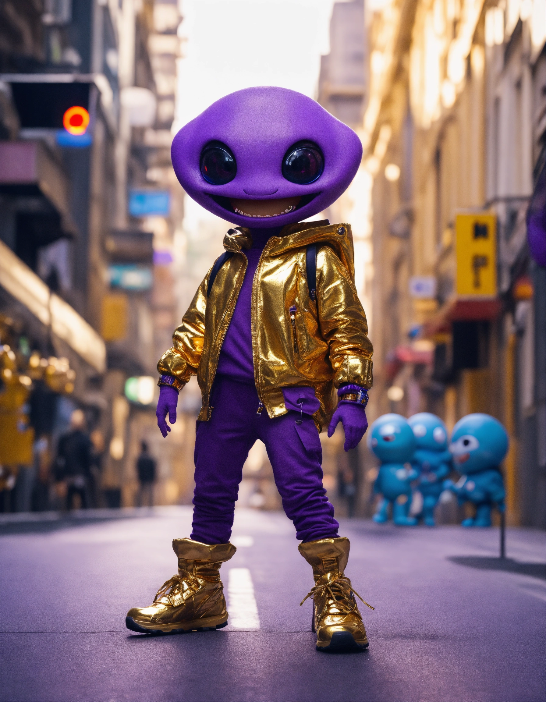Lexica - Cute humanoid funny alien, smile, purple skin, golden outfit ...