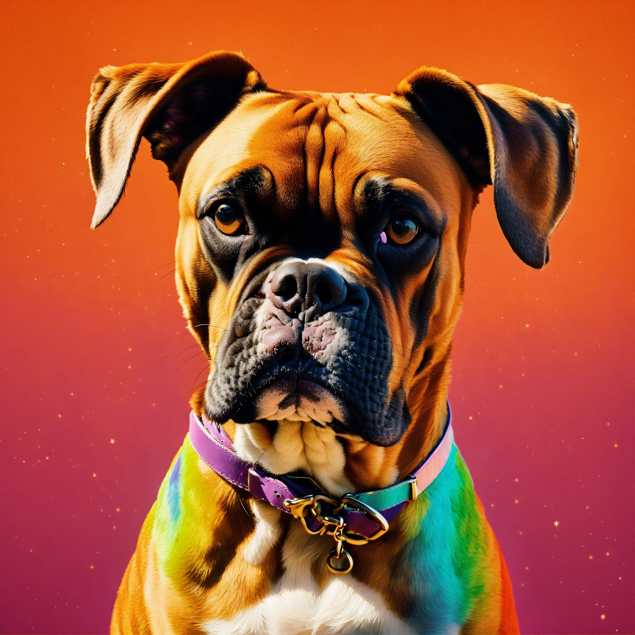 Lexica - A boxer dog, in rainbow colors, with a fierce look, vintage style