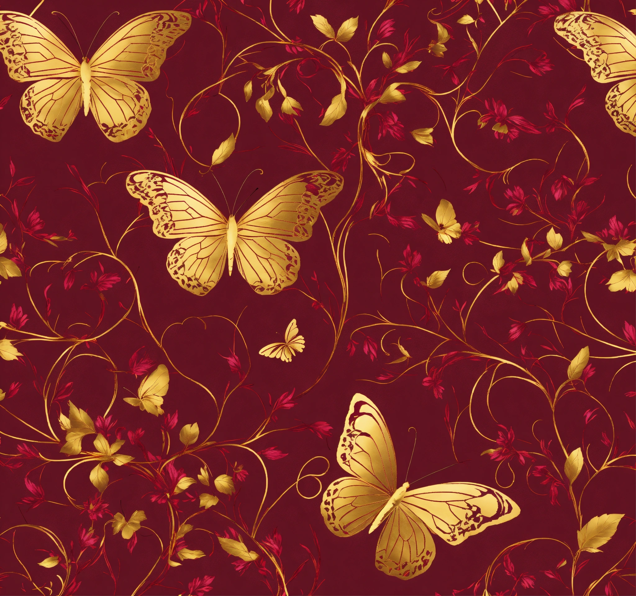 Lexica - Maroon, metalic, gold outlines, gold vines,seamless, butterfly