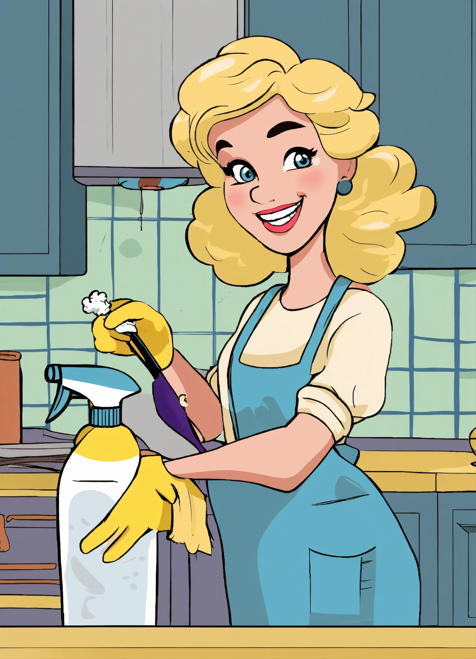 Lexica - Cartoon lady cleaning, dusting, blonde, winking