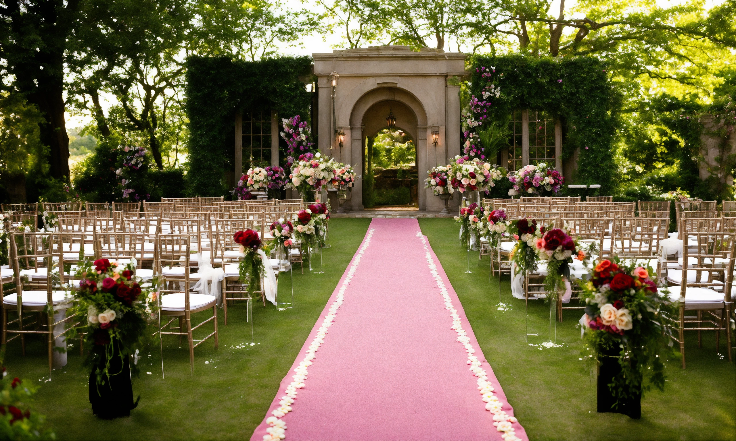 Lexica - Elegant wedding venue outdoors, flower-lined aisle, greenery ...