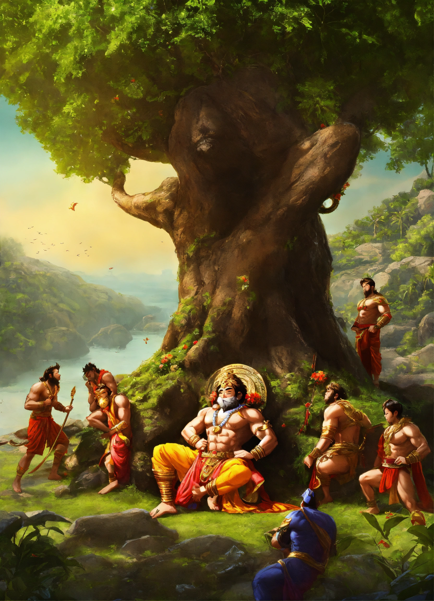 Lexica - Lord Hanuman sleeping under a Tree and all Avengers trying to ...