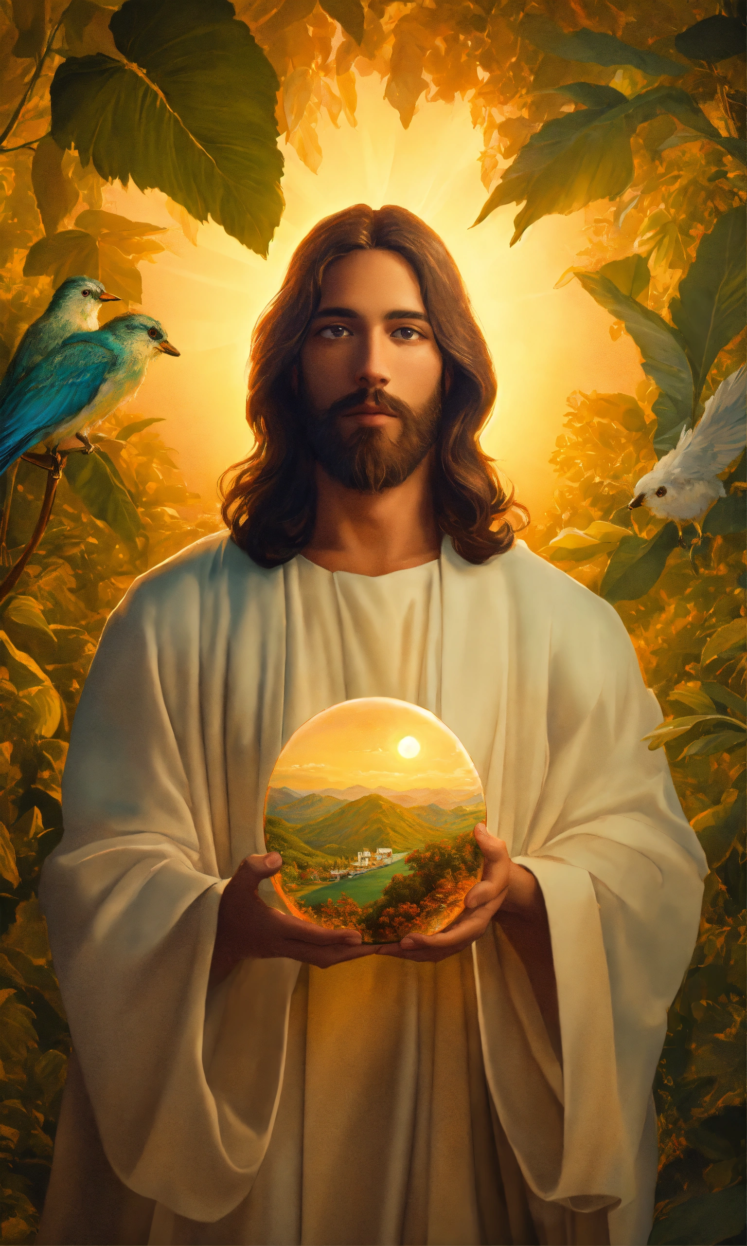 Lexica - Jesus holding a beautiful nature oil painting, surreal photo ...