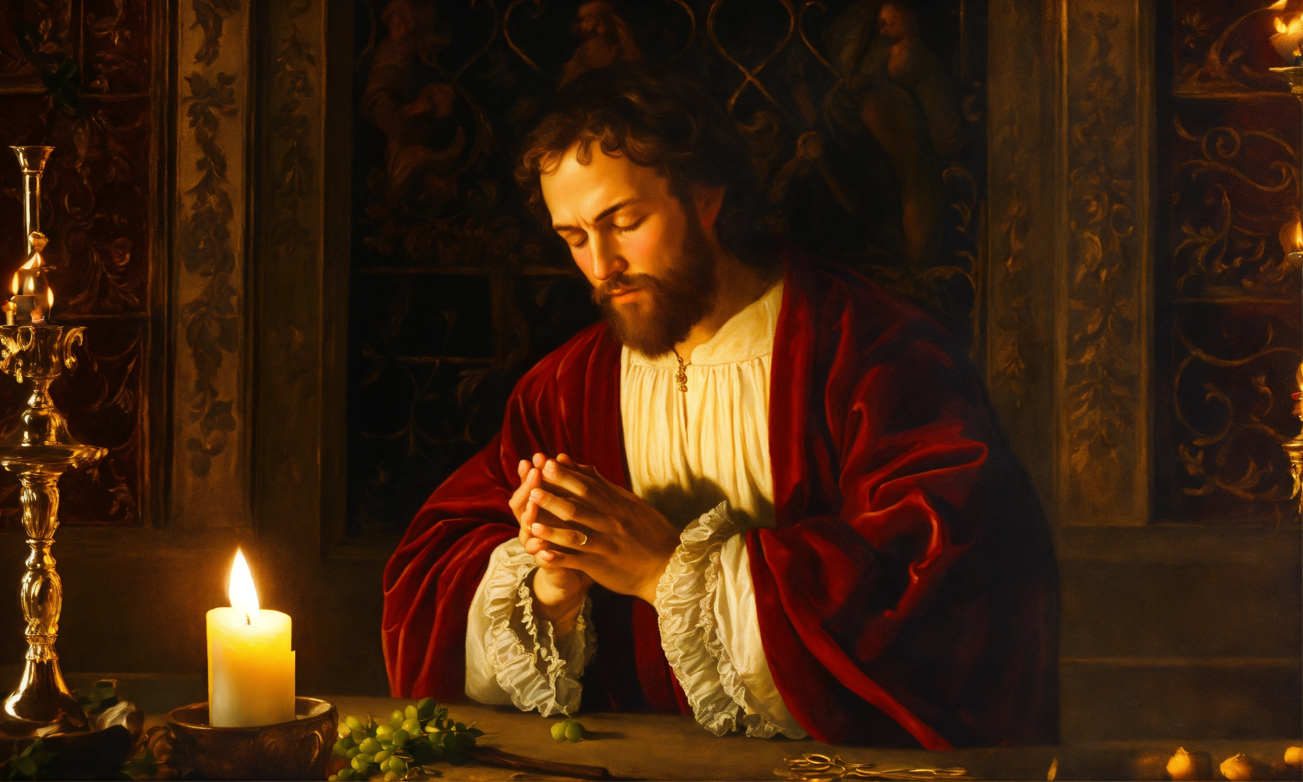 Lexica - Renaissance oil painting of a man praying while holding a candle