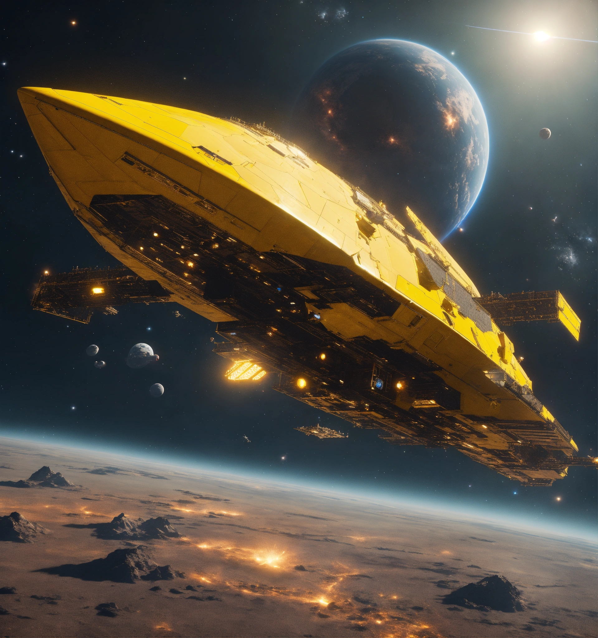 Lexica - Flying yellow beat up star clunker space ship shooting out in ...