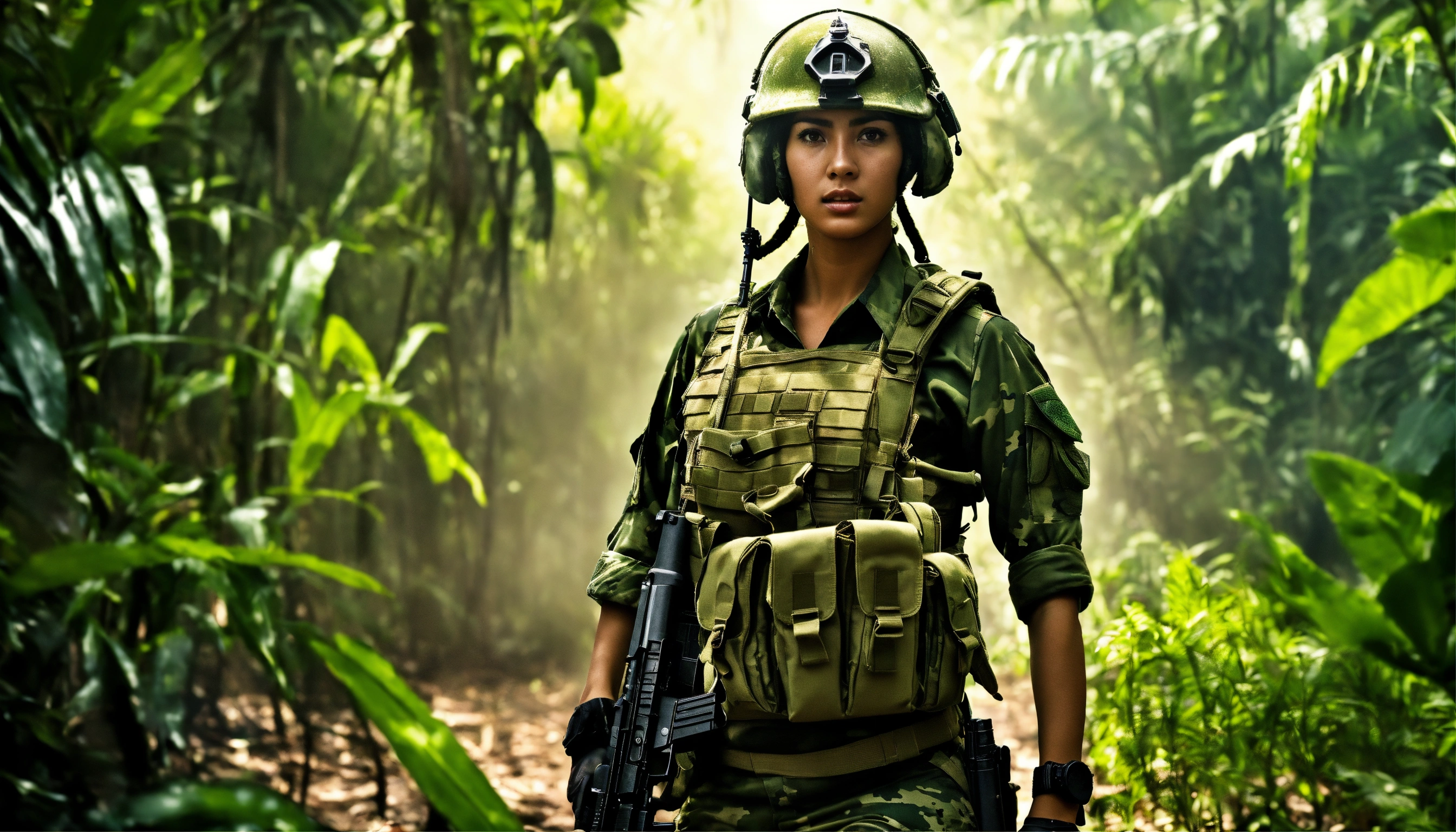Lexica - Female commandos in jungle, perfect face, full camouflage, HDR ...