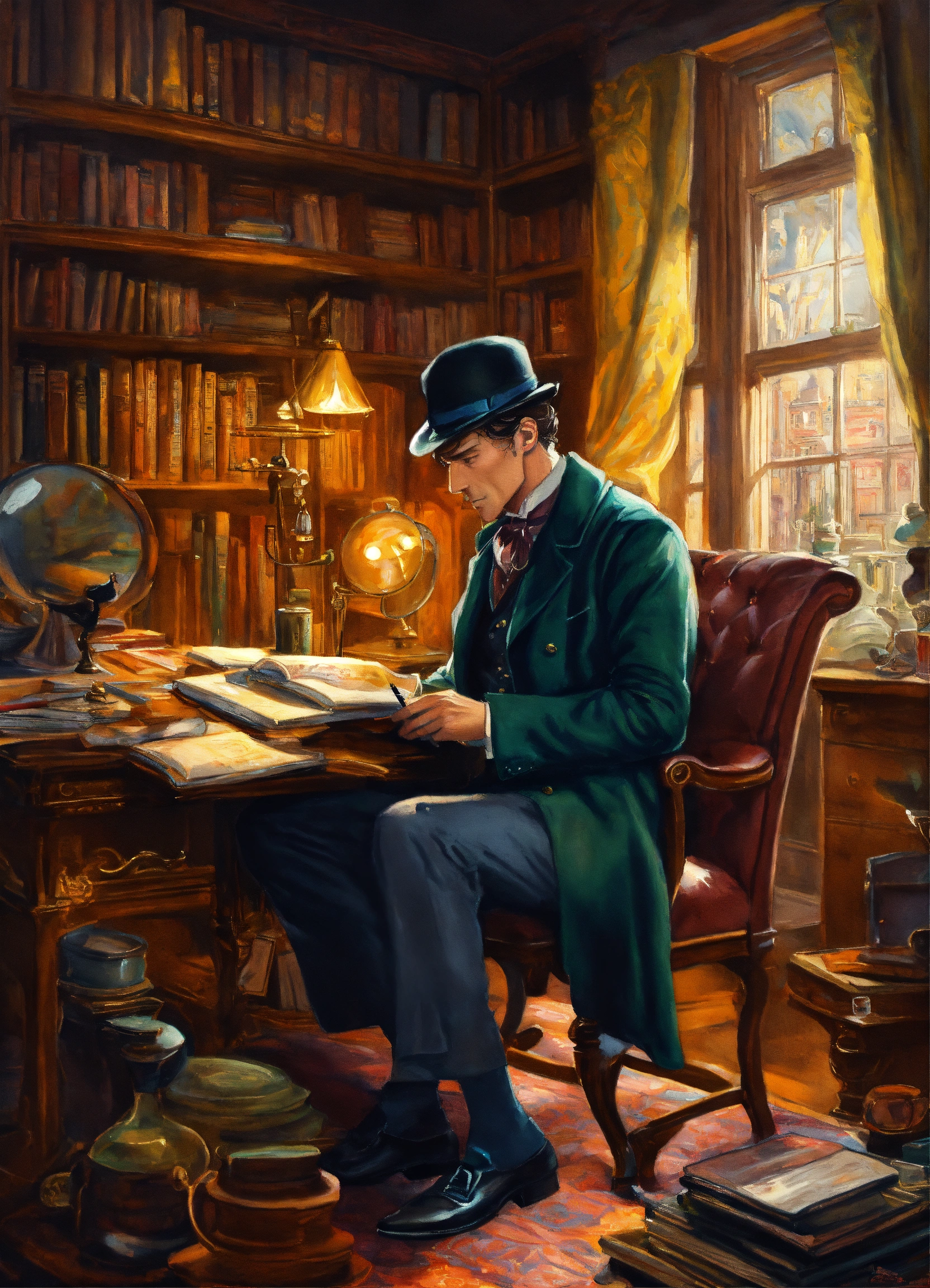 Lexica - A hand drawn painting of Sherlock Holmes sitting in his study ...