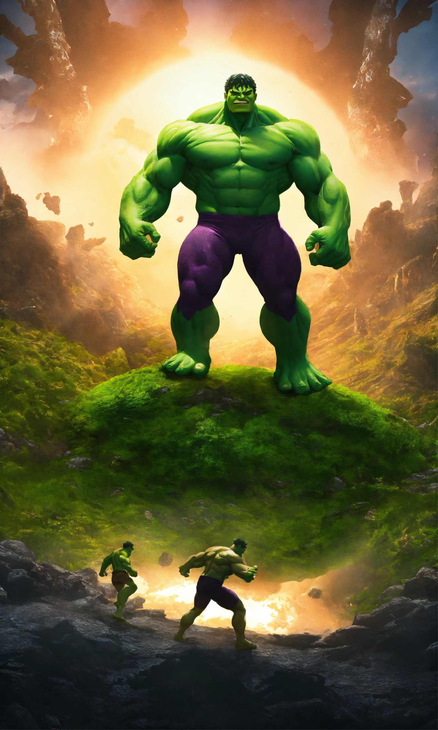 Lexica - Hulk meets Hulk in the multiverse, nature background, 2D render