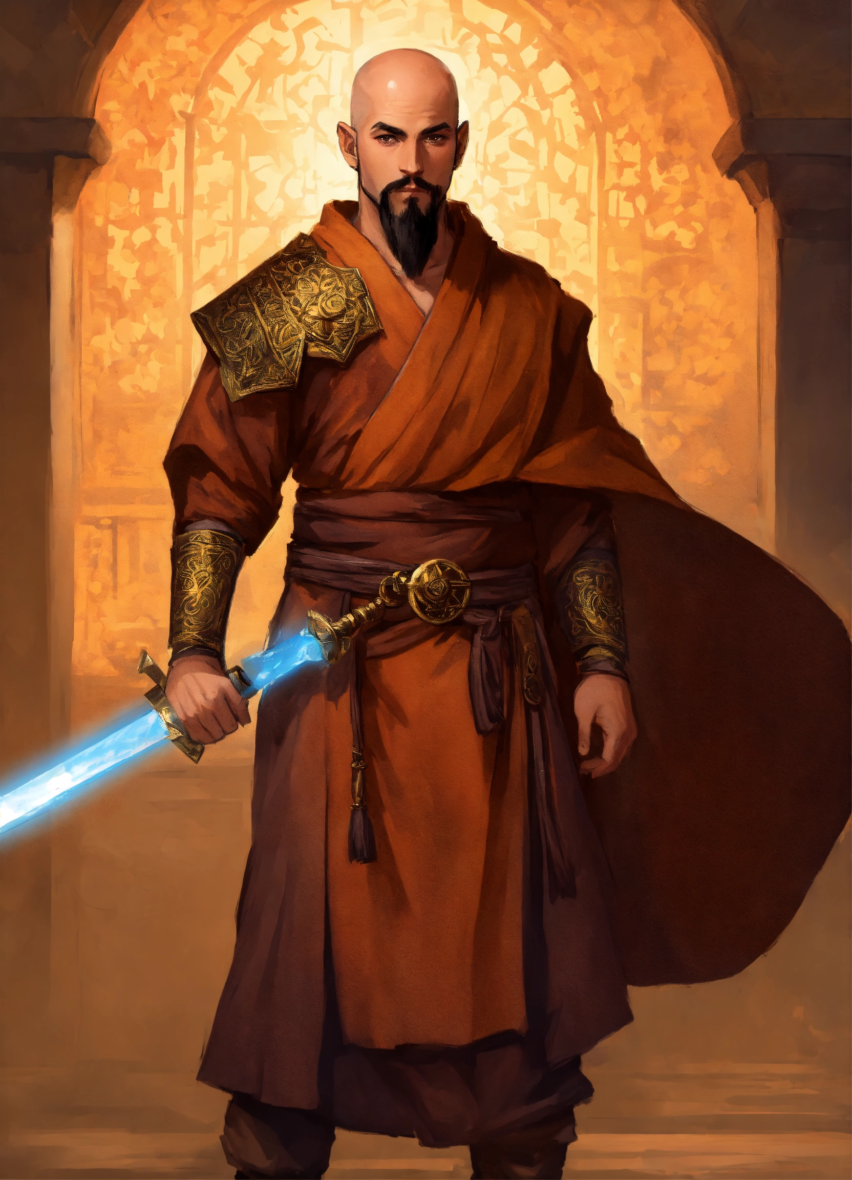 Lexica - D&d male, monk, robe on one shoulder, black goatee, bald, warrior