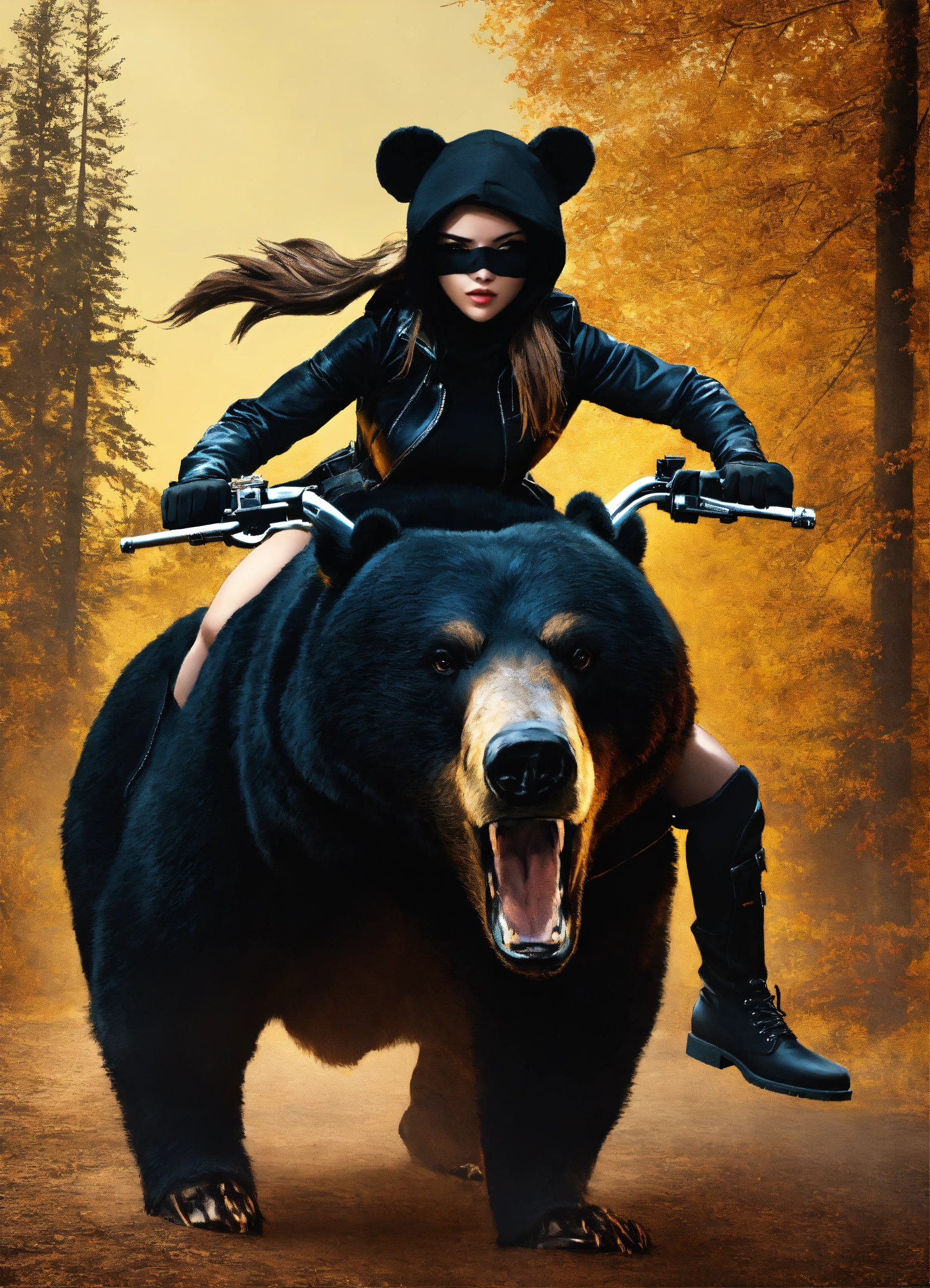Lexica - Masked thief woman dressed in black riding a bear