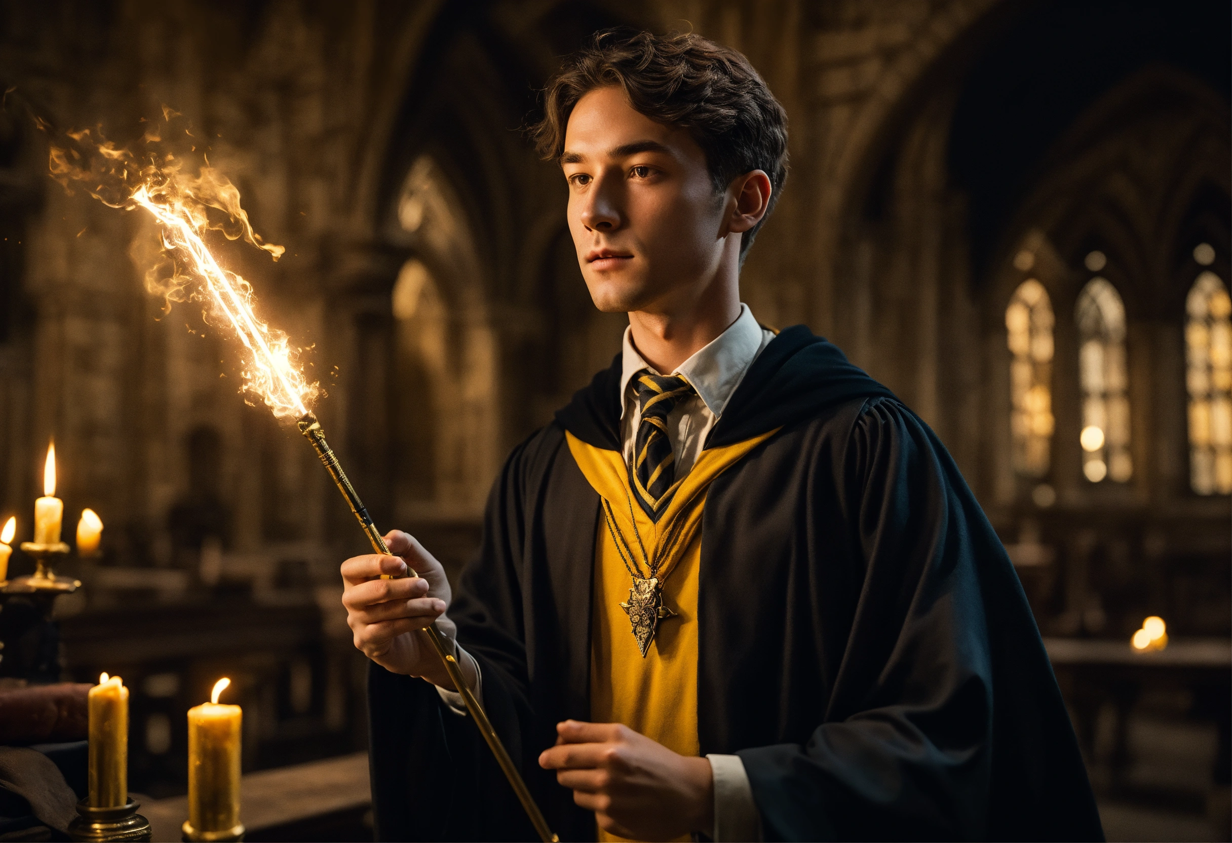 Lexica - Man young wizard, inside Hogwarts with a Magic wand, 2023 year ...